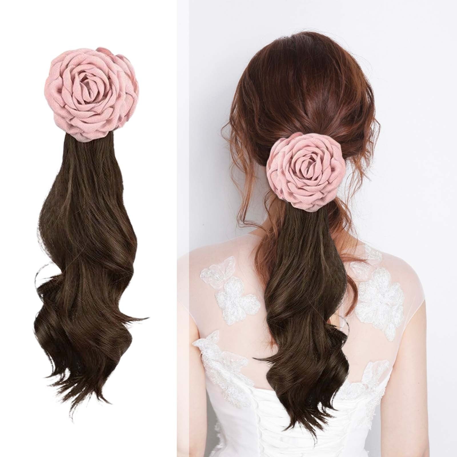 Realistic Voluminous Wavy Ponytail Wig Clip with Red Rose Bouffant Net ...