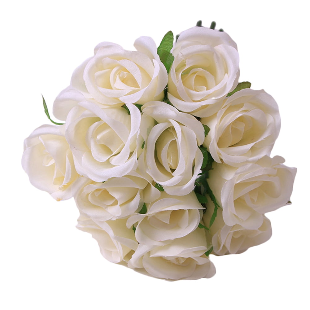 Realistic White Rose Bouquet - 12 Stem Artificial Flower Arrangement ...