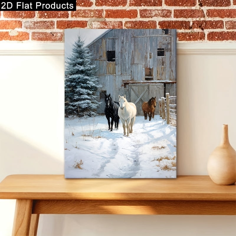 Realistic Winter Horse Trail Oil Painting - Wood Framed Canvas Suitable ...