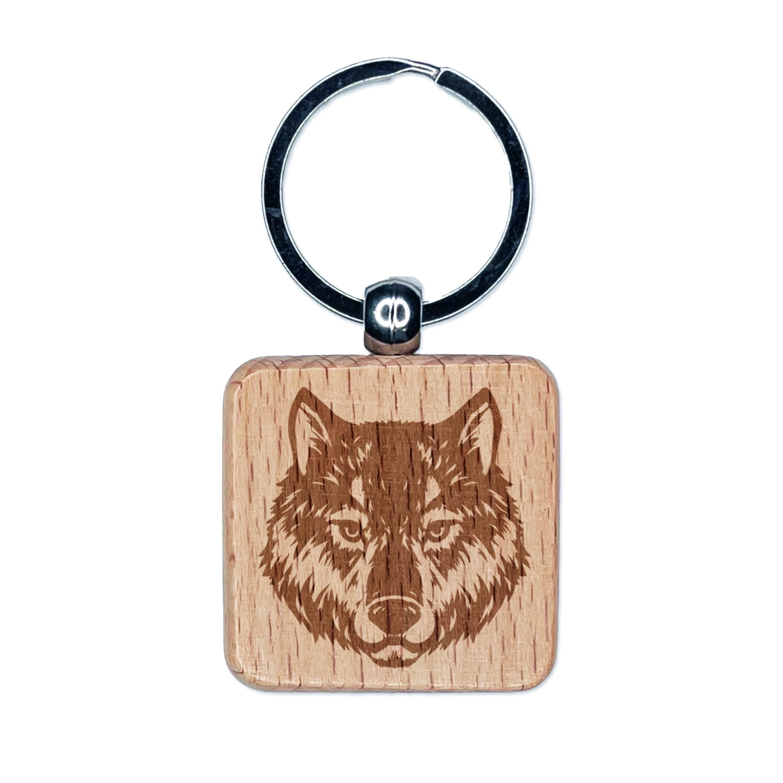 Realistic Wolf Head Square Keychain Charm Tag - Engraved Wood - Walmart.com