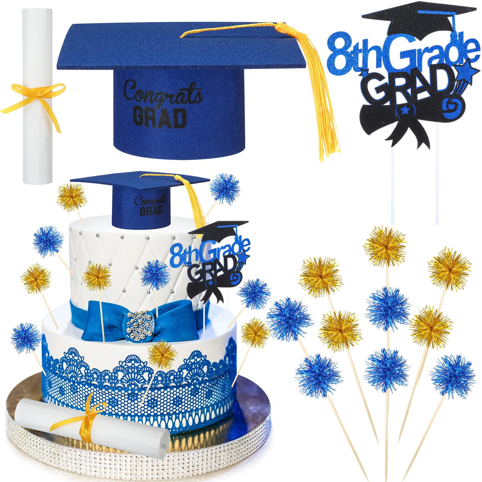 Reallnaive 13 Pcs 8th Grade Graduation RST1 Cake Kit Glitter Firework ...