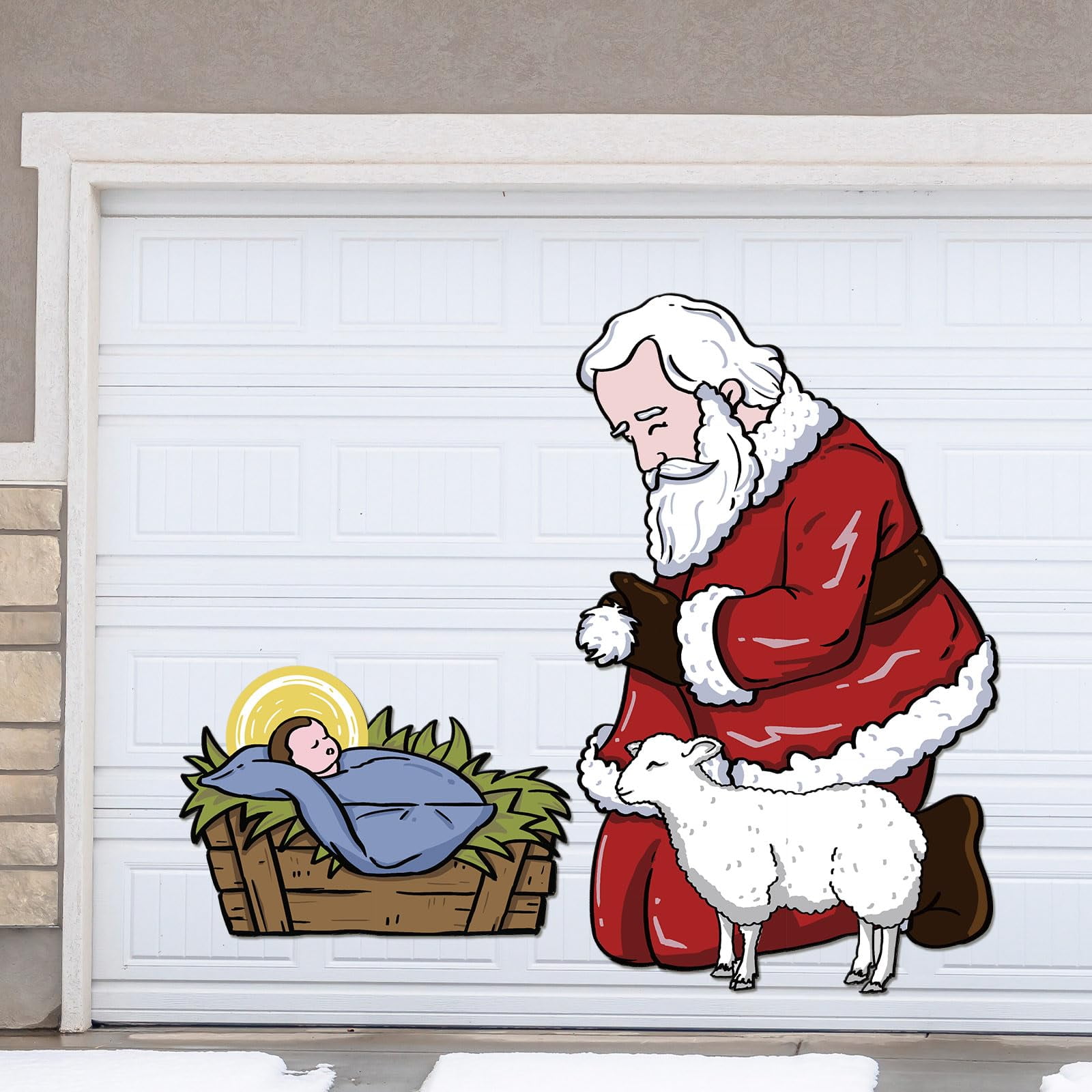Reallnaive Christmas Kneeling Santa Nativity Sets Garage Door ...