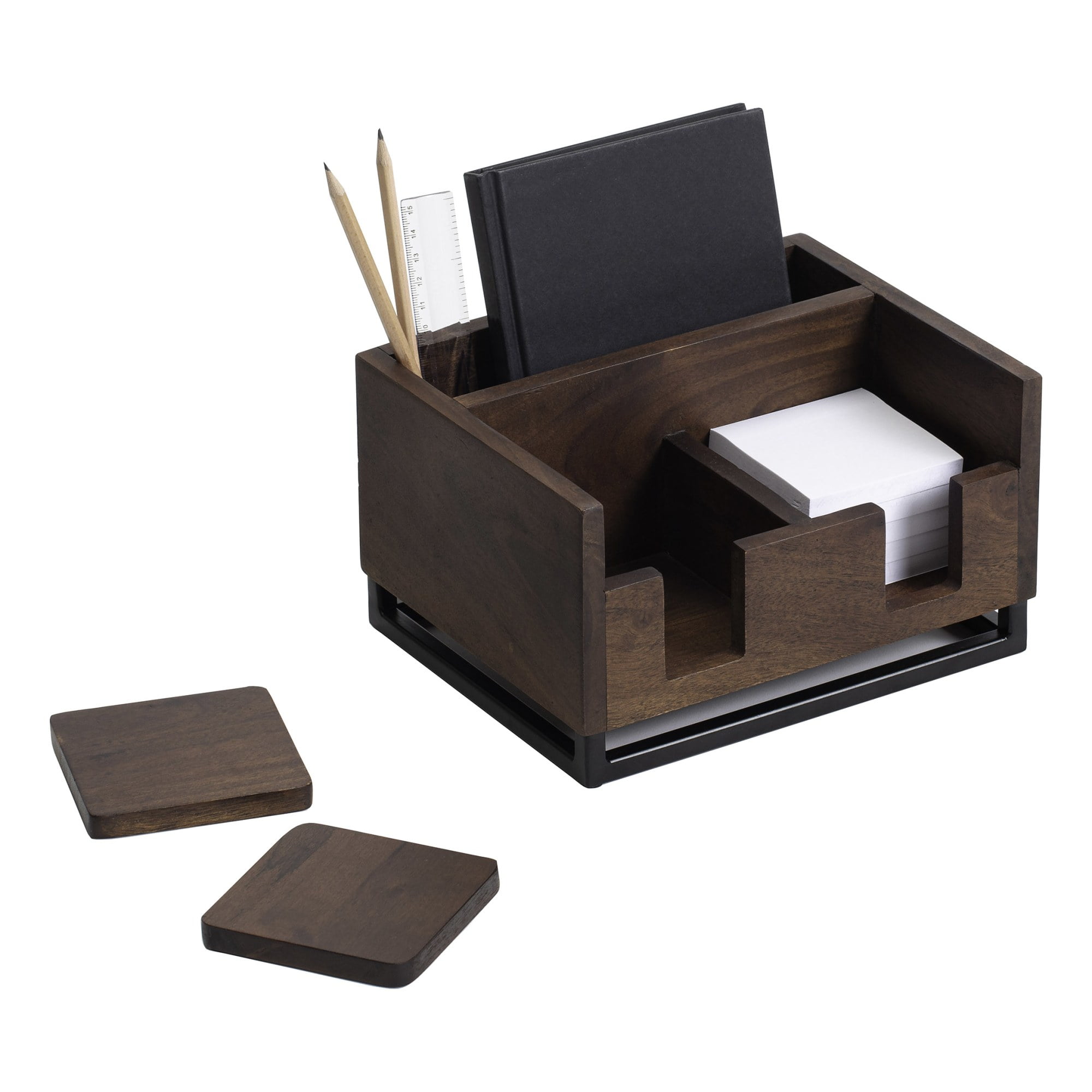 Realspace® Acadia Wood/Metal Desktop Organizer With Coasters, 8-3/4" x ...