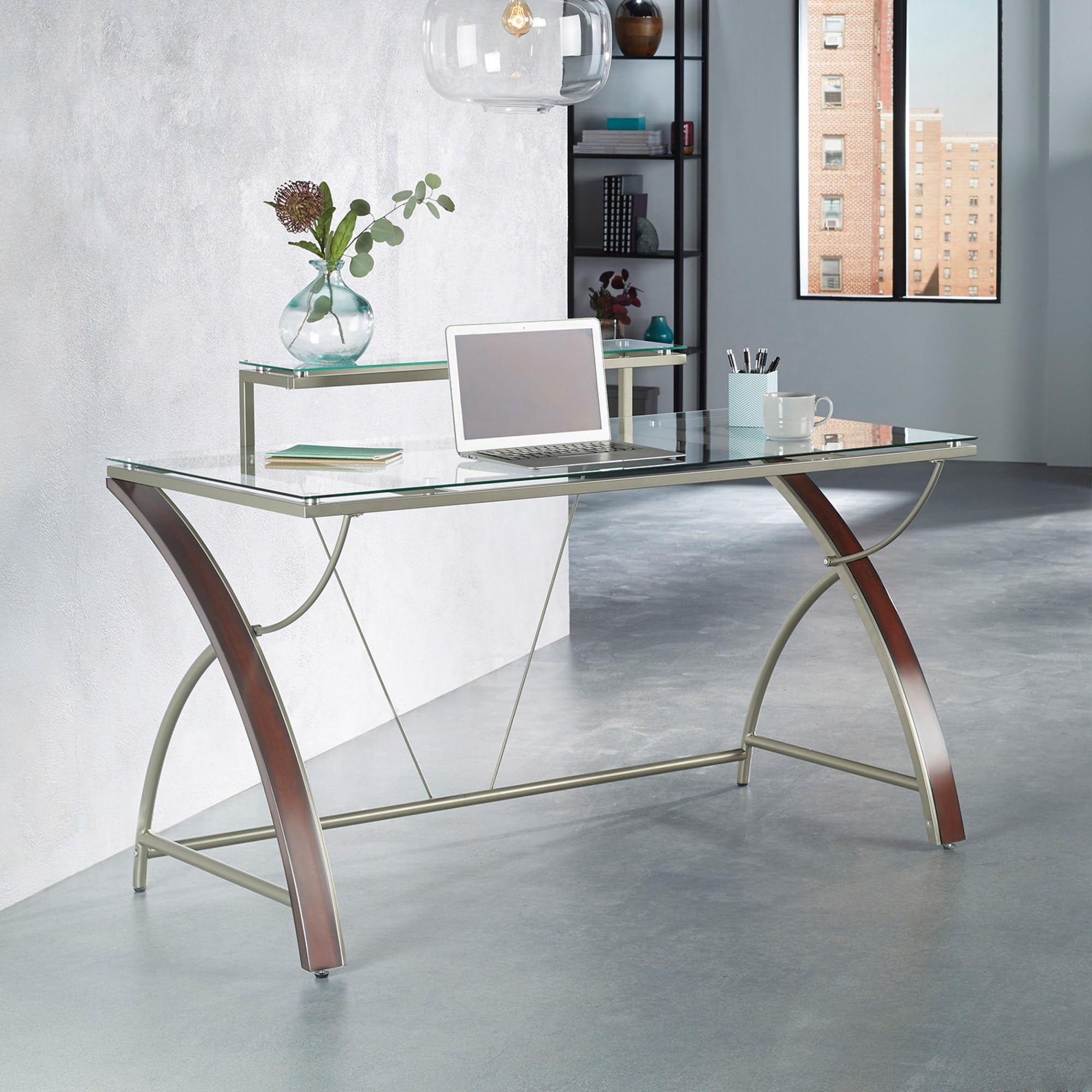Realspace® Axley 55"W Glass Computer Desk, Cherry/Silver - Walmart.com