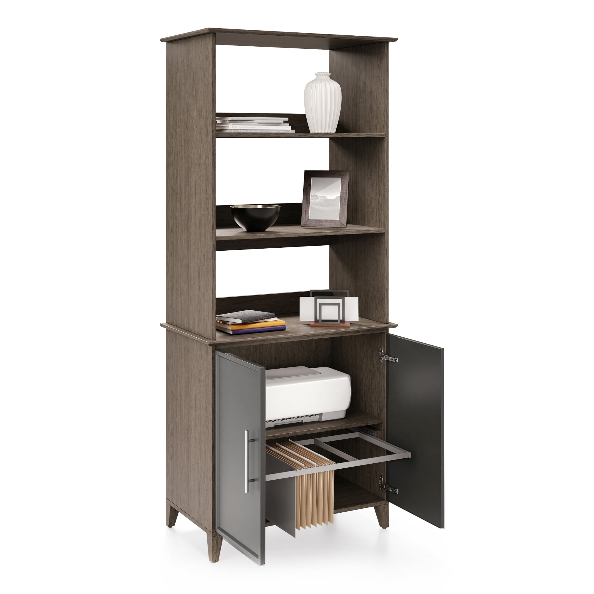 Realspace® Koru 72"H 3-Shelf Bookcase With Printer Shelf & File Storage, Two-Tone Slate/Gray Oak ...