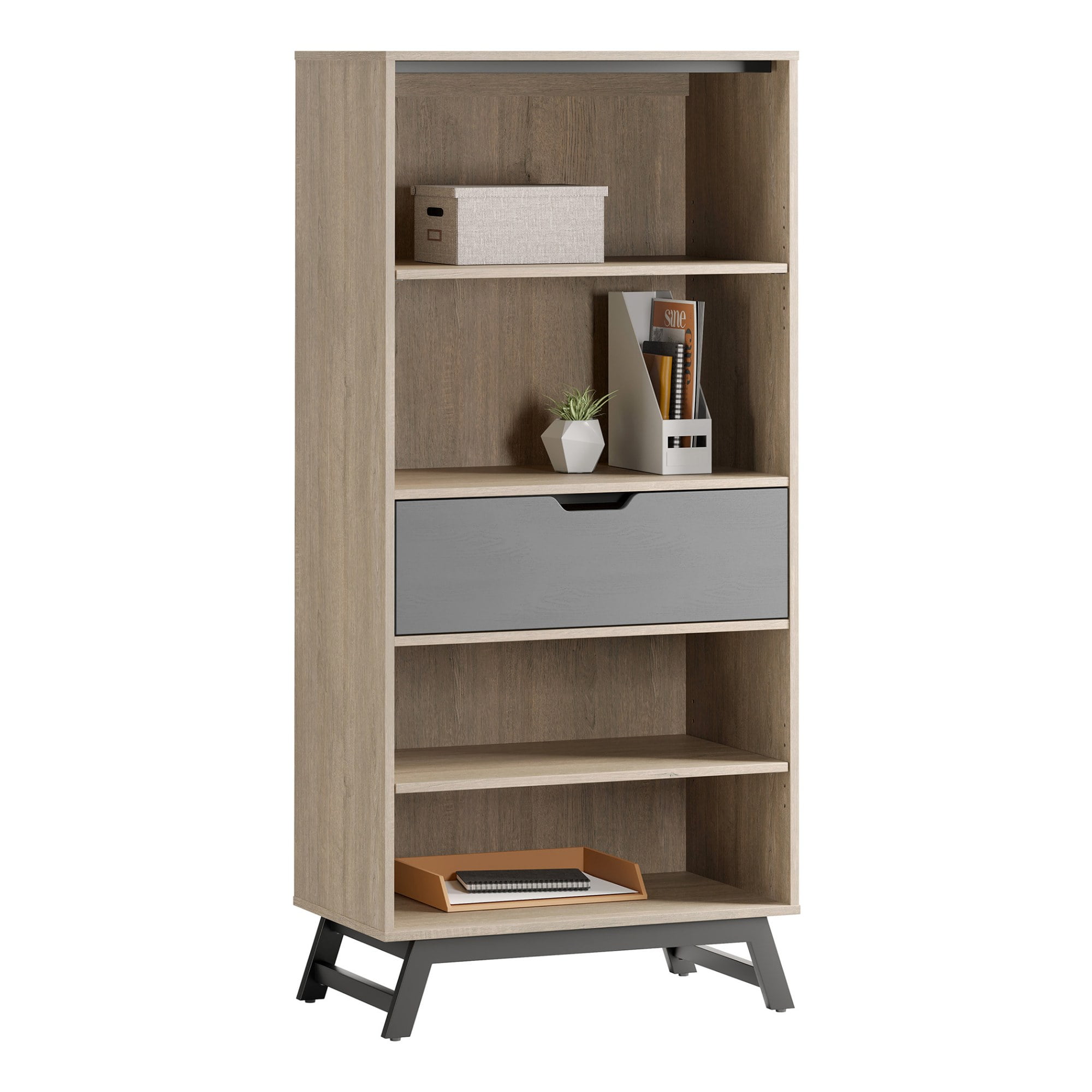 Realspace® Nashira 61"H 4-Shelf Bookcase With Drawer, Light Oak/Gray ...