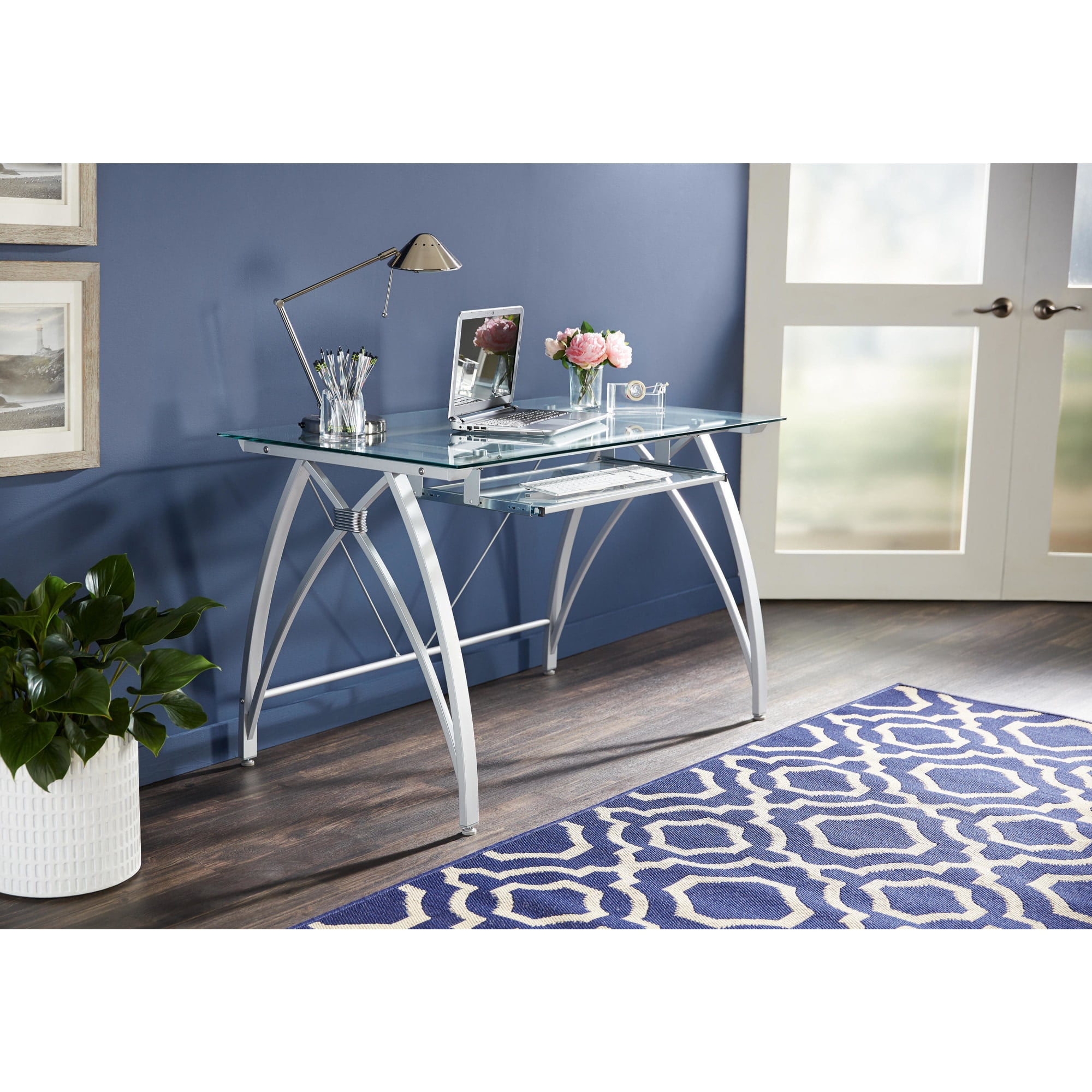 "Realspace® Vista 48""W Silver Metal Office Glass Computer Desk ...