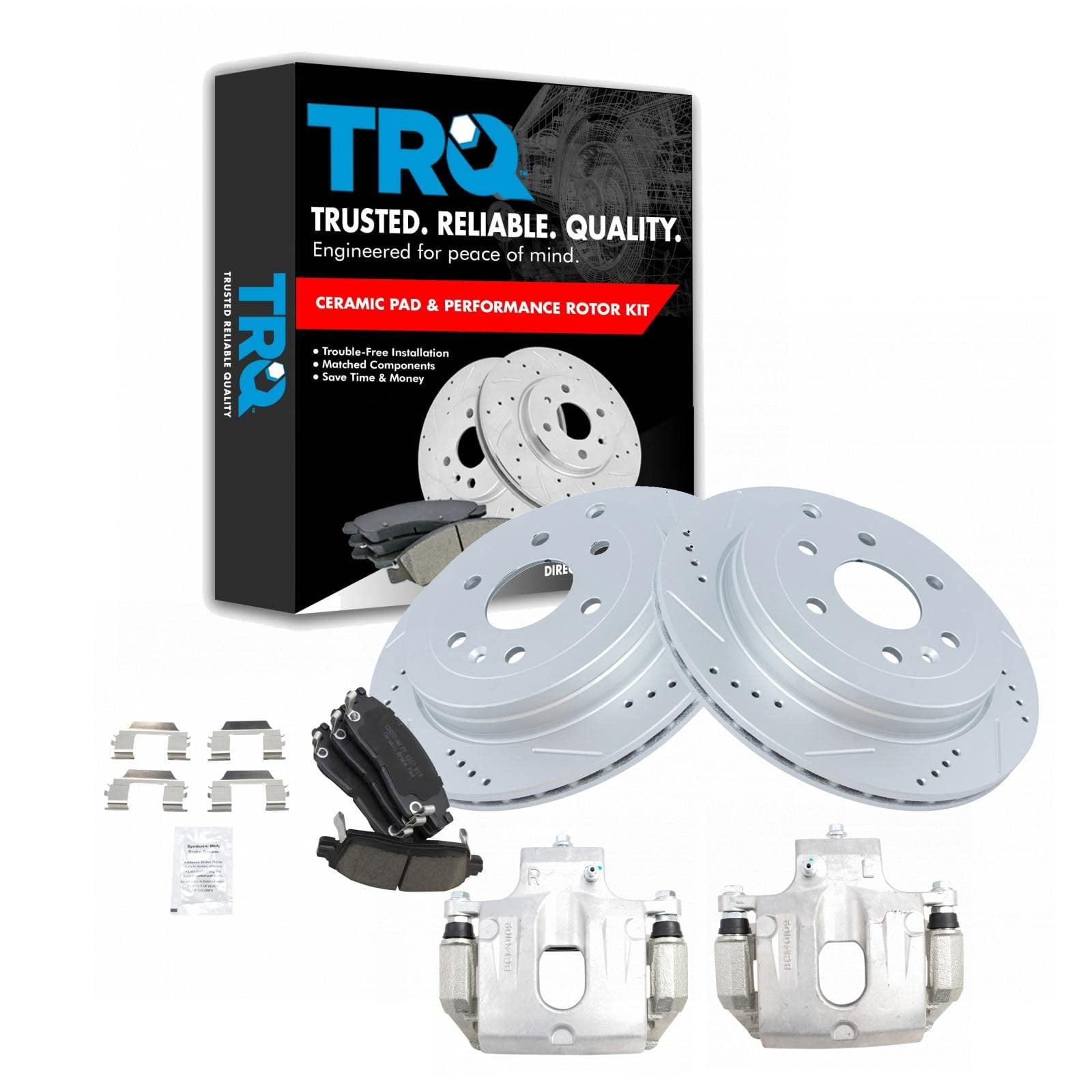 TRQ Rear Ceramic Brake Pad, Performance Rotor & Caliper Kit Fits Select ...