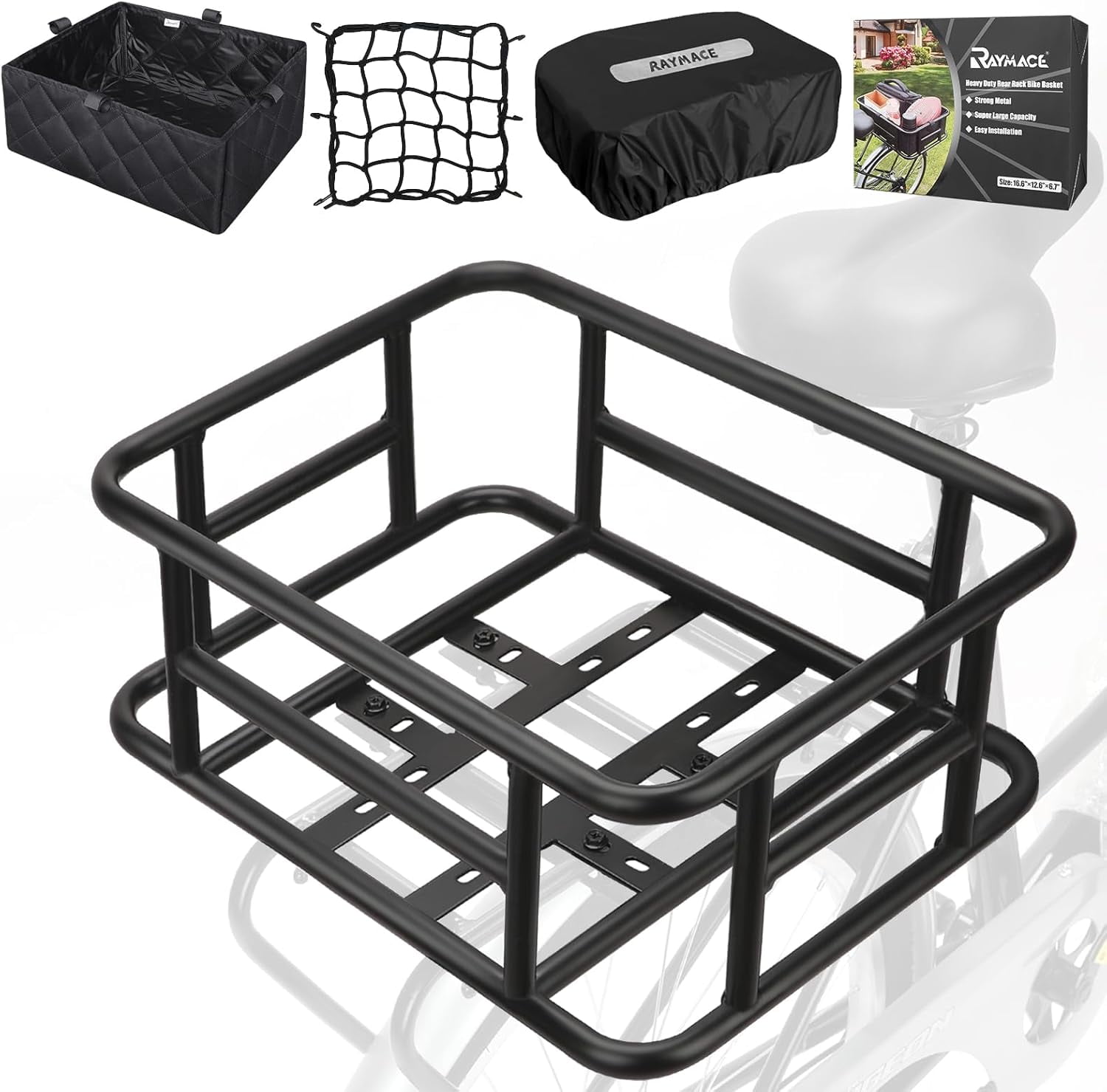 Rear Rack Bike Basket with Cargo Net and Liner Large Bicycle Basket ...