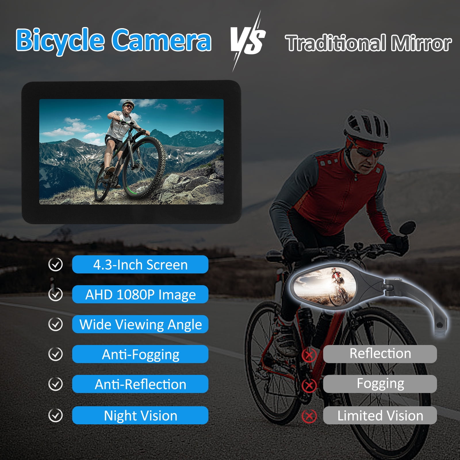 Rear View Camera,1080p Rear 150° Wide 4.3'' Bike Mirror Vision View ...