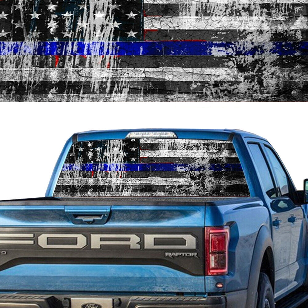 Rear Window Graphic Decal For SUV jeep PICK-UP TRUCK AMERICAN Flag Distressed Police Blue Line ...