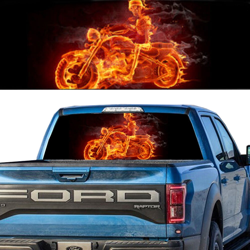 Rear Window Graphic Decal For SUV jeep PICK-UP TRUCK FLAMING BIKER ...