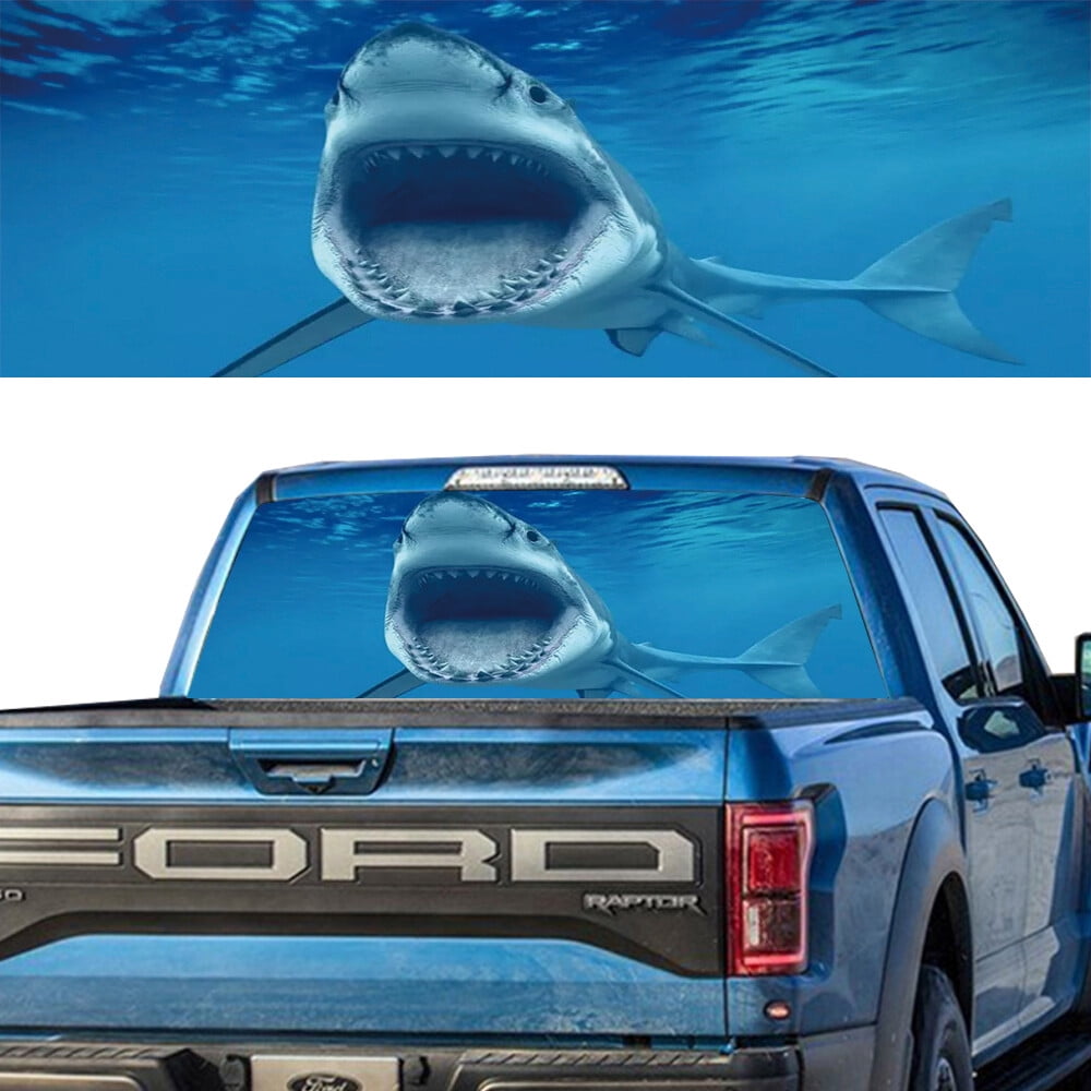 Rear Window Graphic Decal For SUV jeep PICK-UP TRUCK White Shark Attack ...