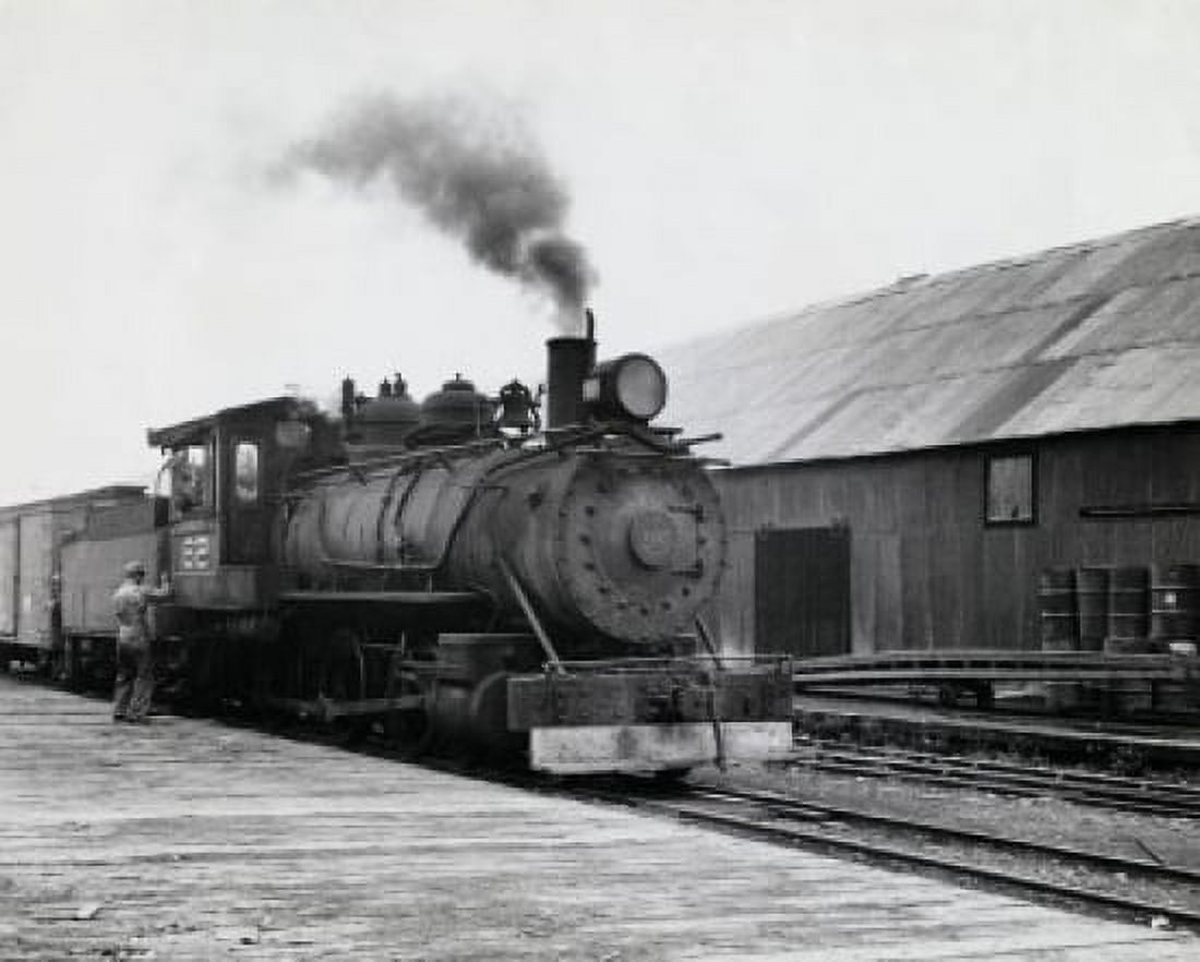 Rear view of a man standing beside a steam train engine at a railroad ...