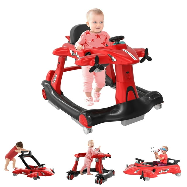 Rease 6-in-1 Baby Walker with Wheels, Adjustable Baby Walker for Baby Boy & Girl 6-18 Months(Red ...