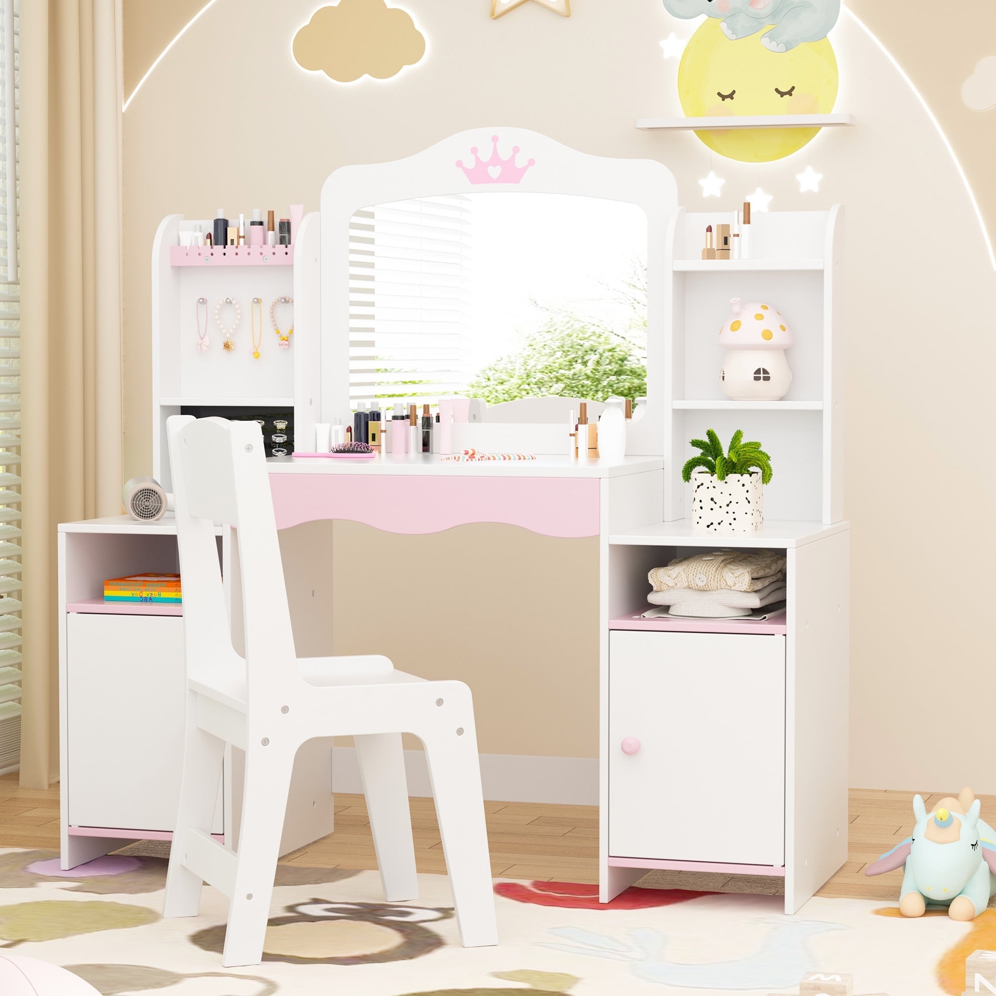 Reasea Kids Vanity Table Set, 2-in-1 Princess Makeup Vanity Desk with ...