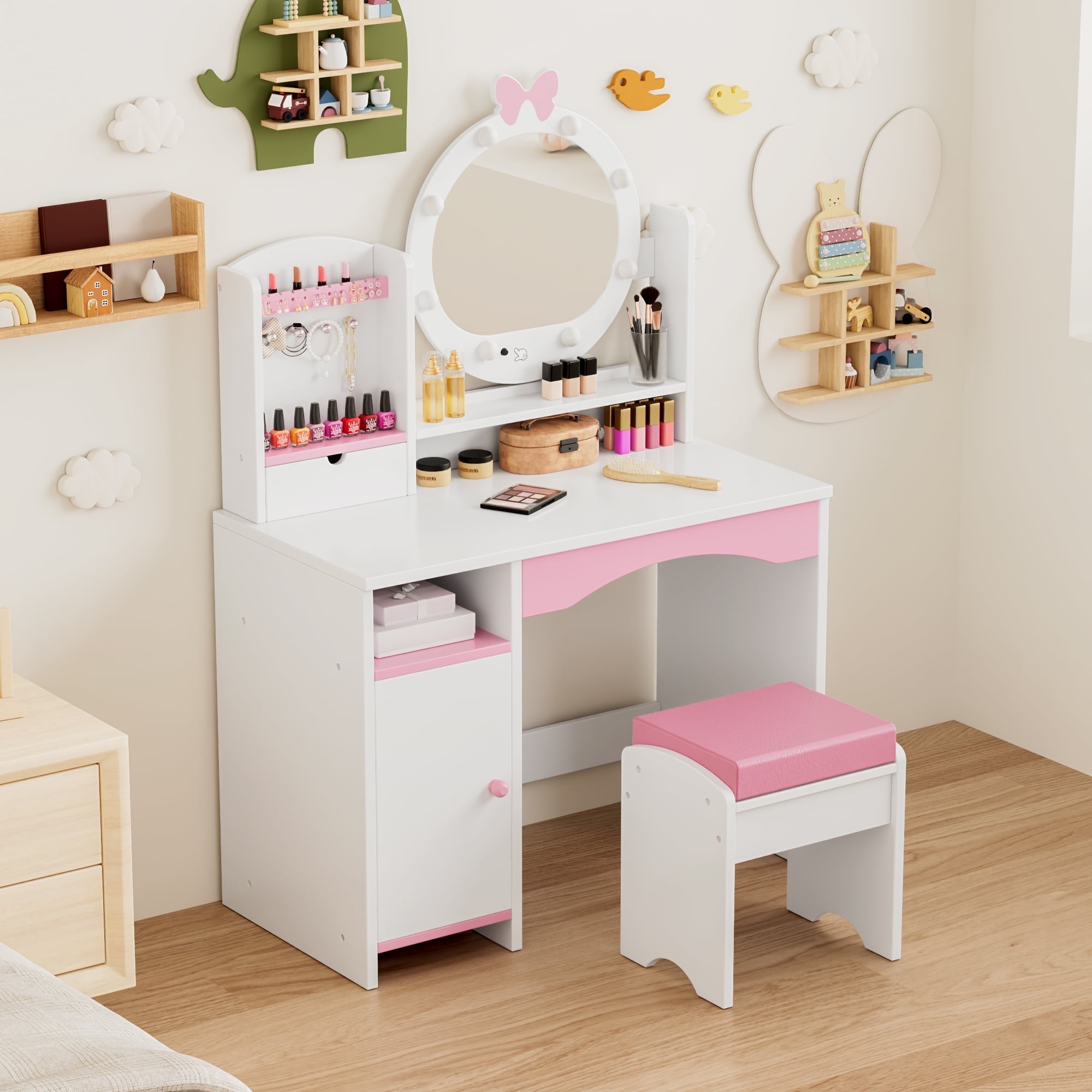 Rease Kids Vanity Table, Girls Vanity Set with Mirror and Lights ...
