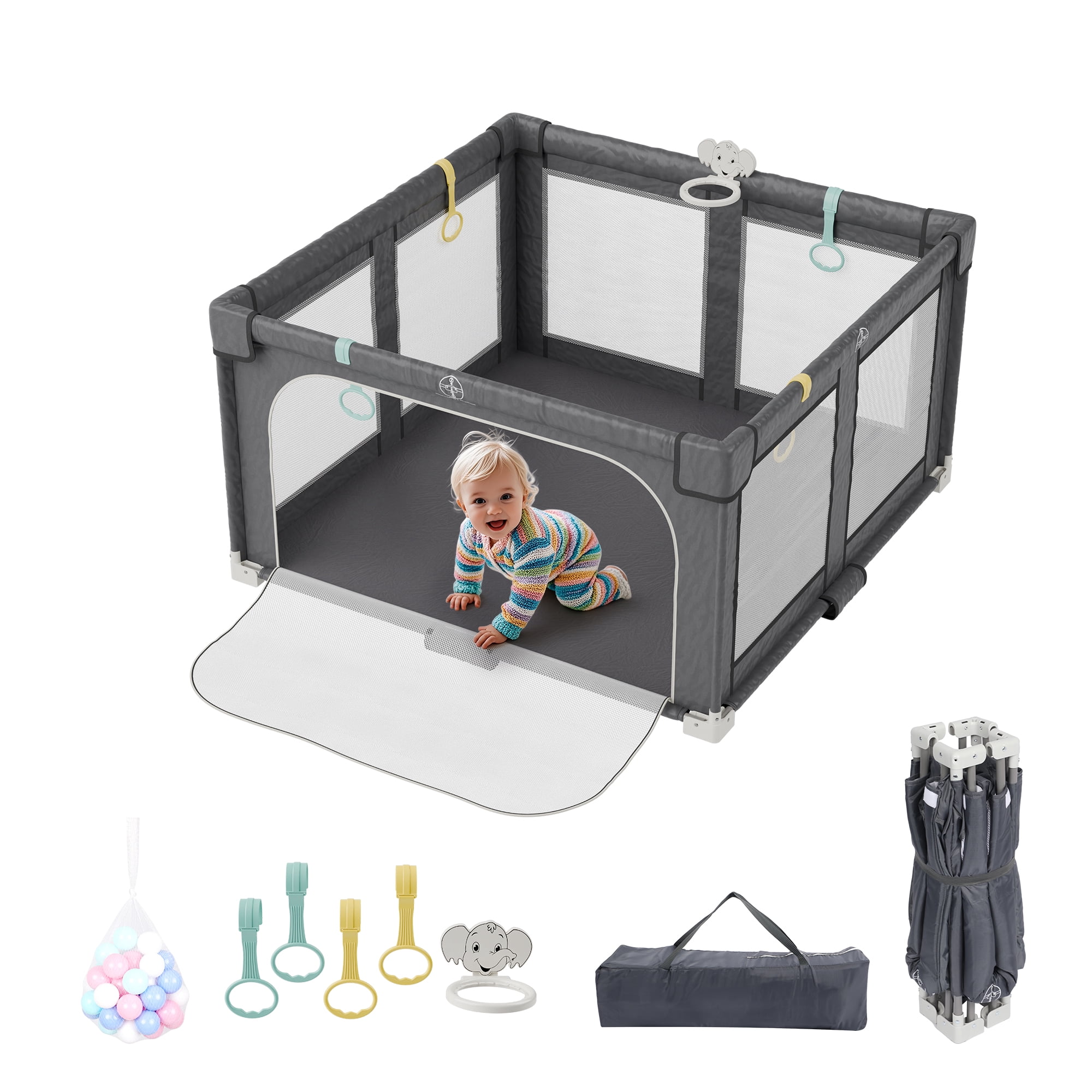 Reasea Baby Playpen, Play Yard with Basket, 4 Handlers & 50 Ocean Balls ...