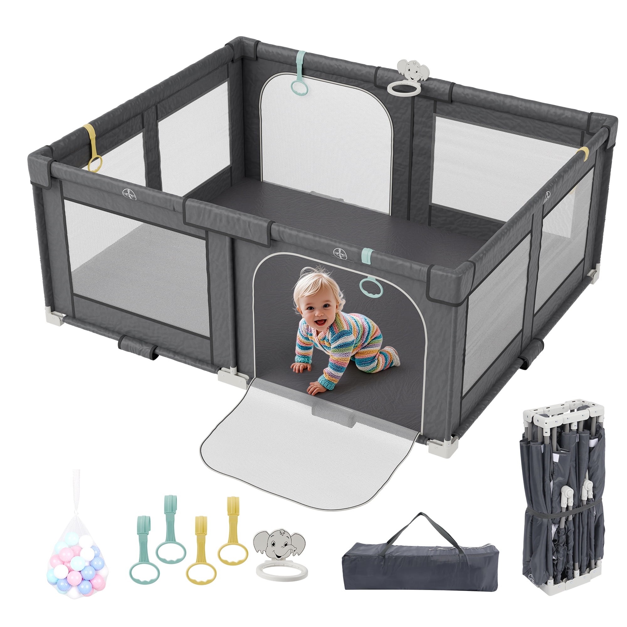 Reasea Baby Playpen, Play Yard with Basket, 4 Handlers & 50 Ocean Balls ...