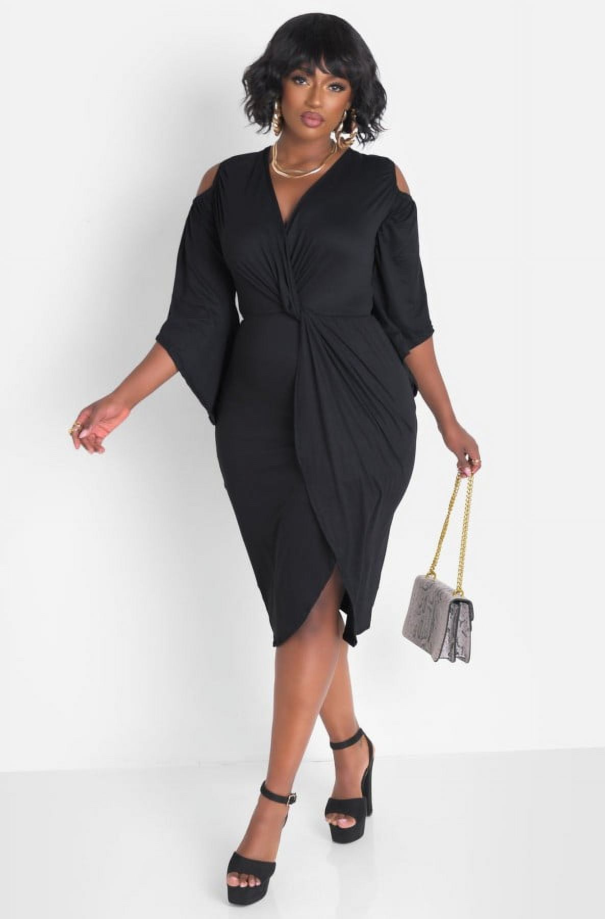 Rebdolls Plus Size Black V-Neck Bodycon Duster Sleeve Knotted Mini ...