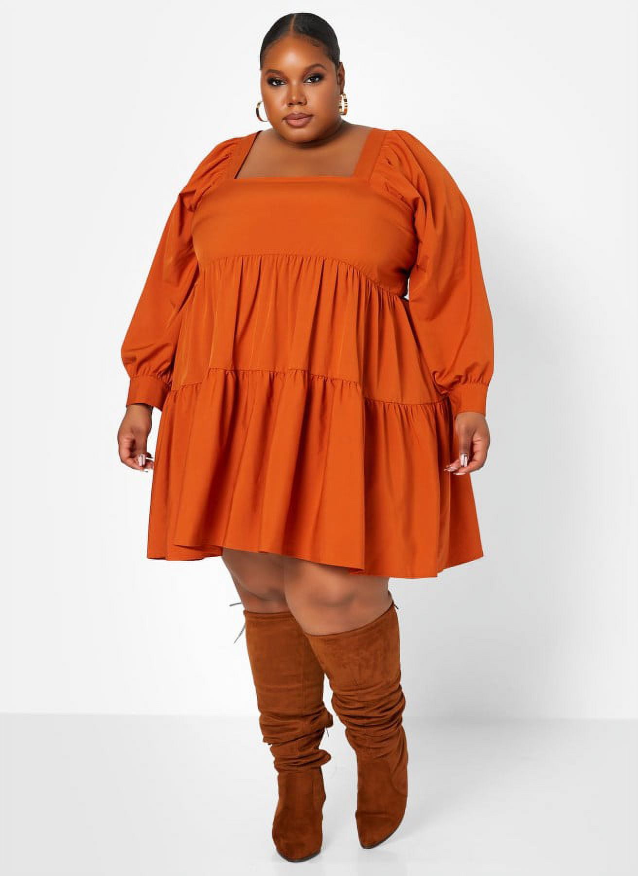 Rebdolls Women's Plus Puff Sleeve Tiered Mini Shift Dress - Brown - 3X ...