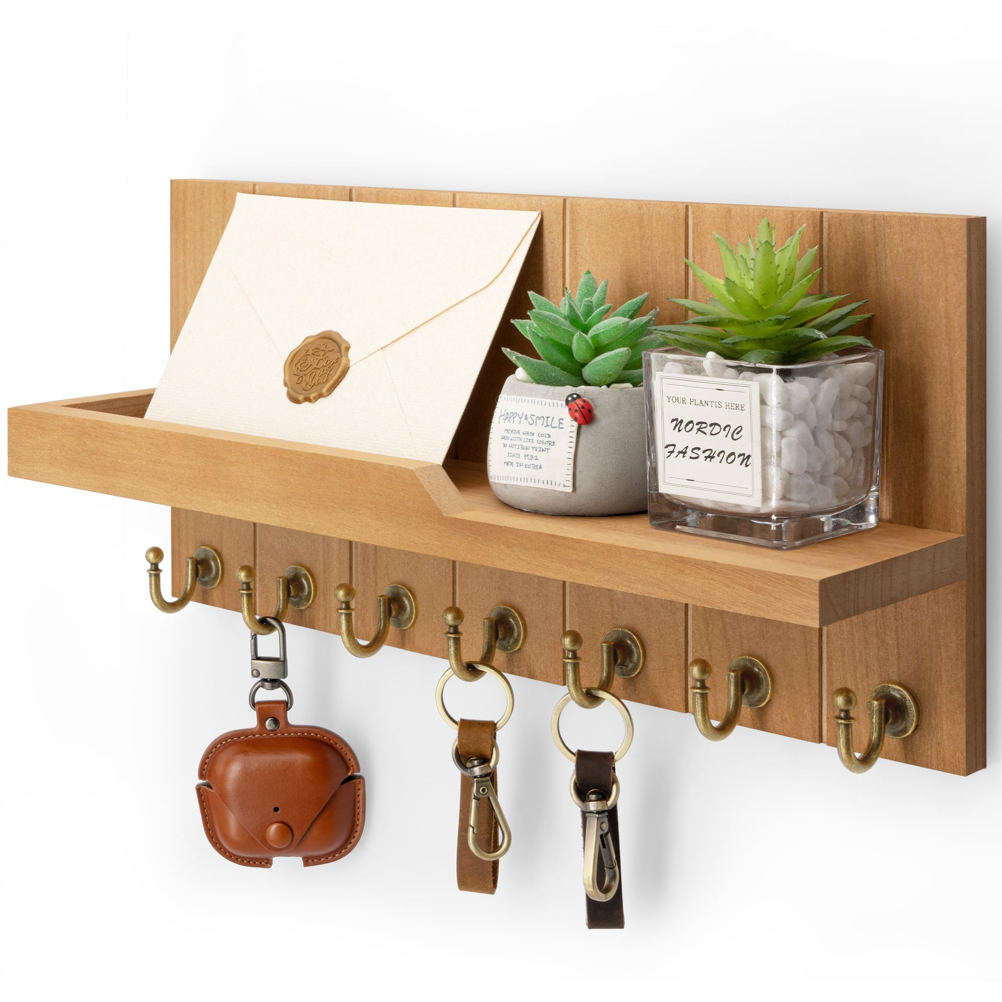 Rebee Vision, Key and Mail Holder Wall with Shelf, 15 inch, Brown Wood ...