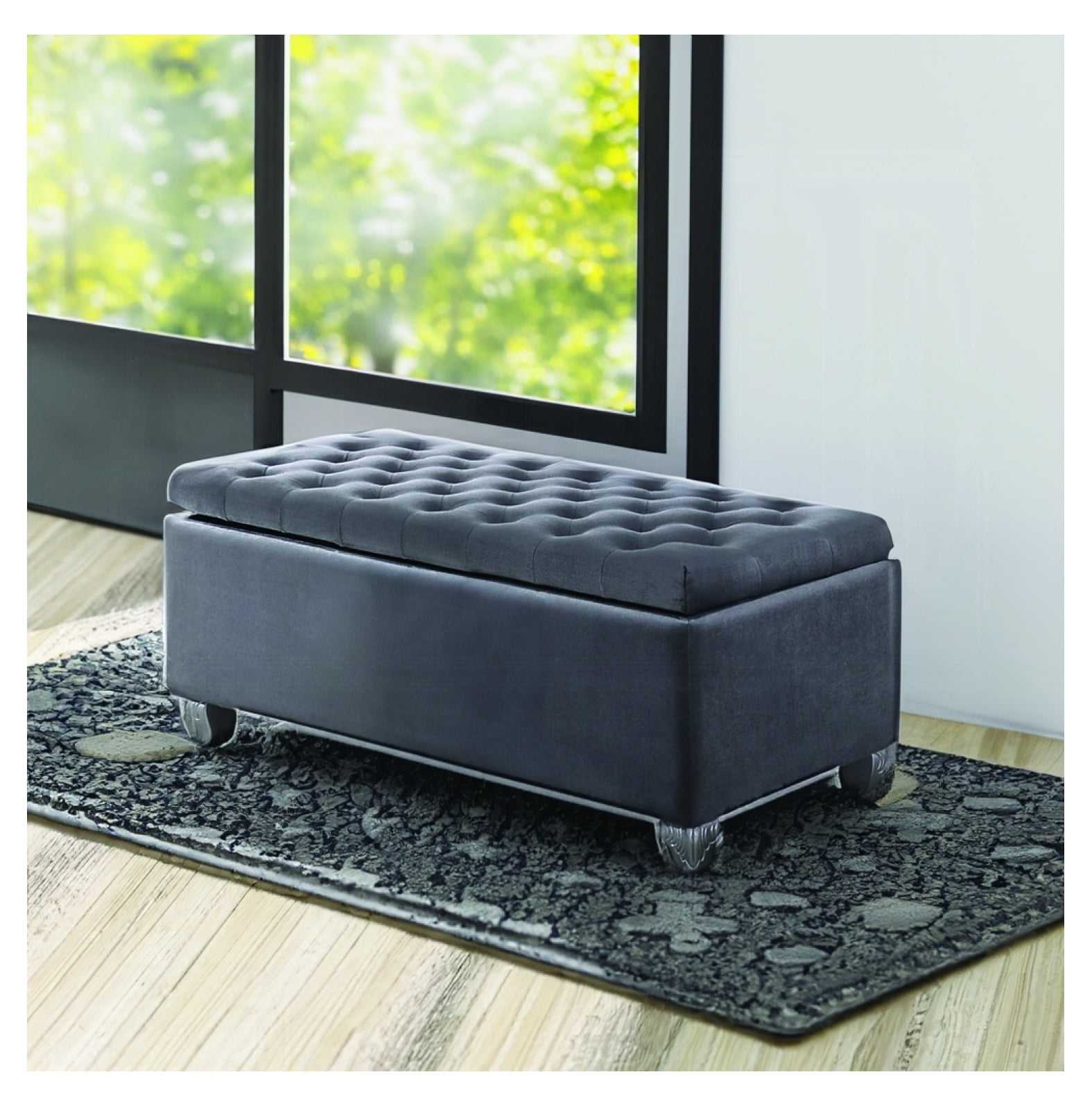 Rebekah Gray Velvet Storage Bench - 300lbs Capacity, Button Tufted ...