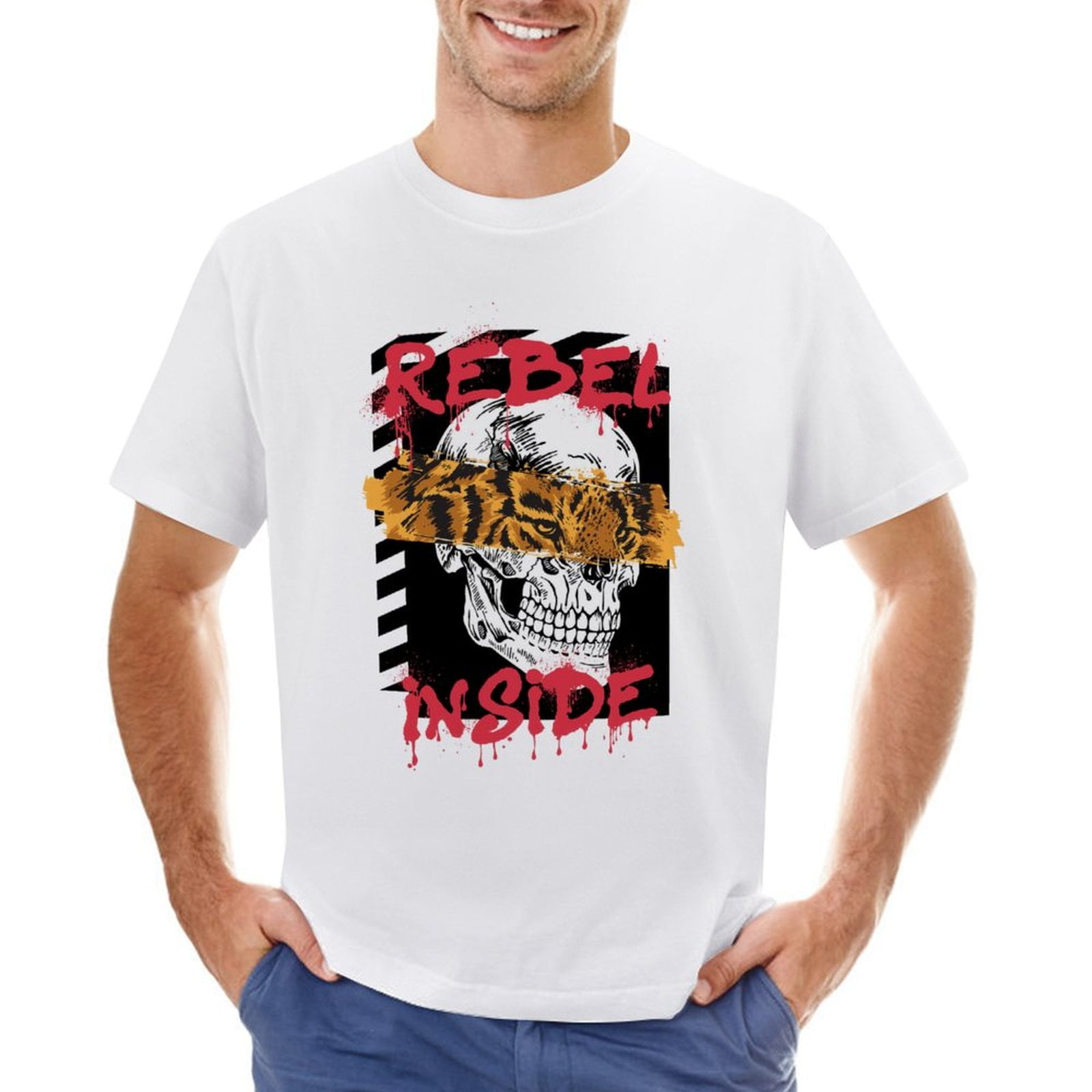 Rebel Inside Tiger And Skull Vintage T-shirt Mens Cotton Classic ...