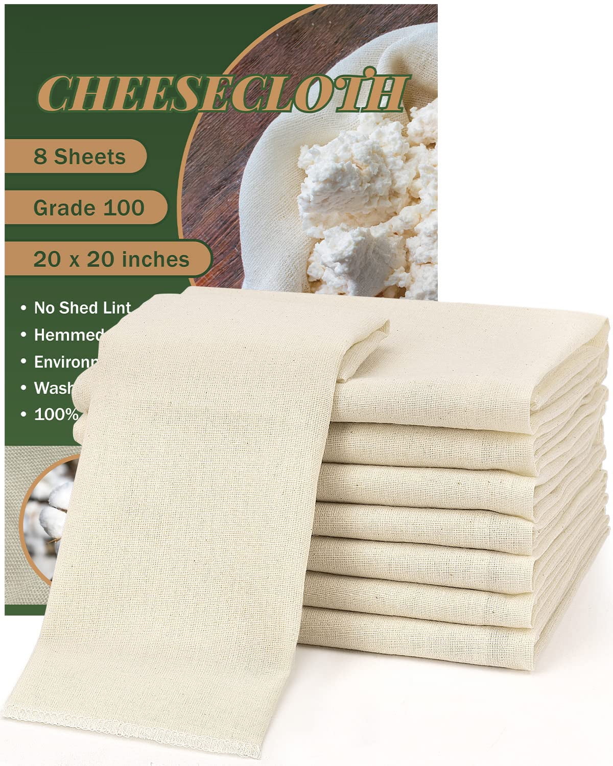 Reble Cheesecloth 20x20 Inches, 8 Pack Unbleached Cotton Grade 100 ...