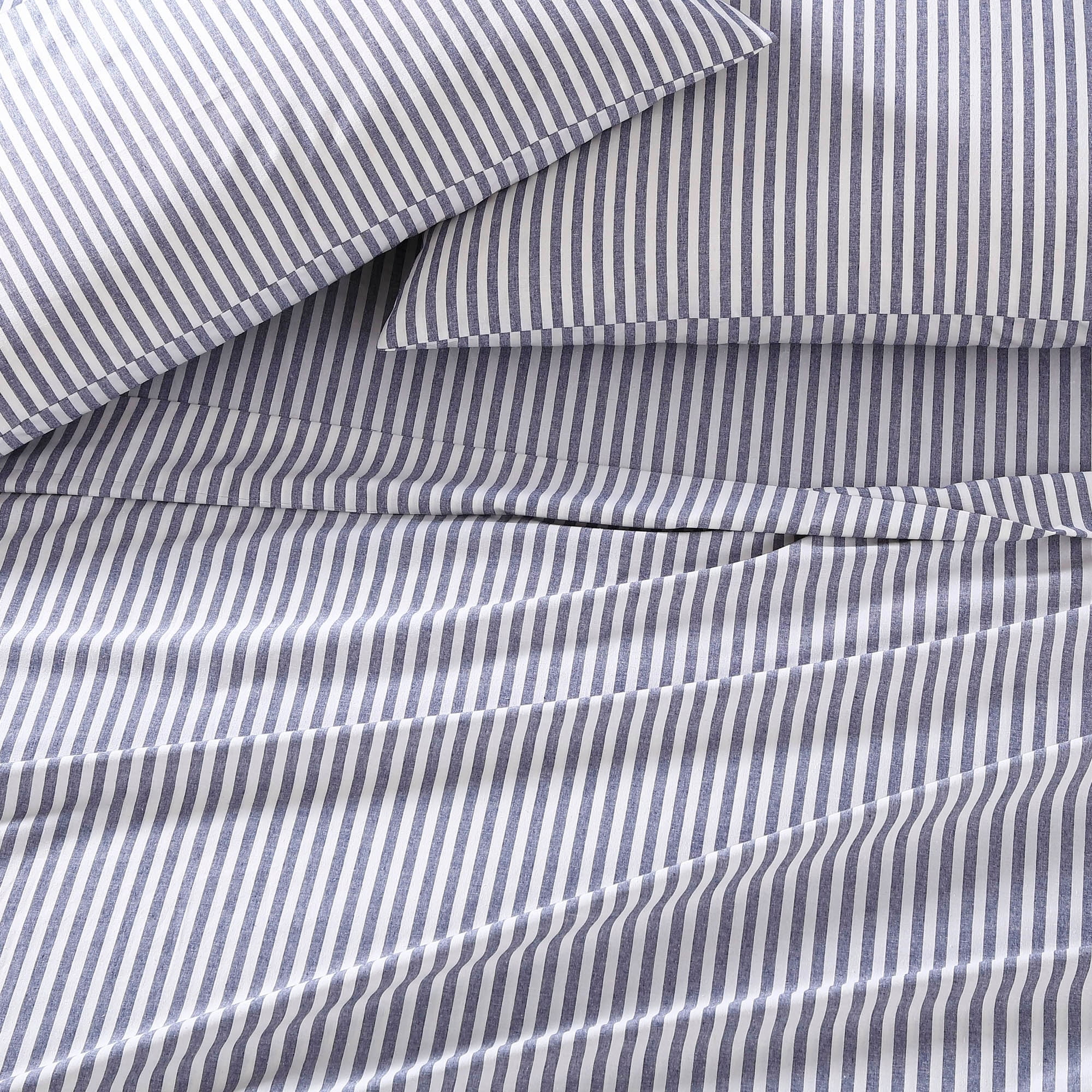 Reborn Recycled Fiber Yarn-Dyed Striped Percale Sheet Set Denim King ...