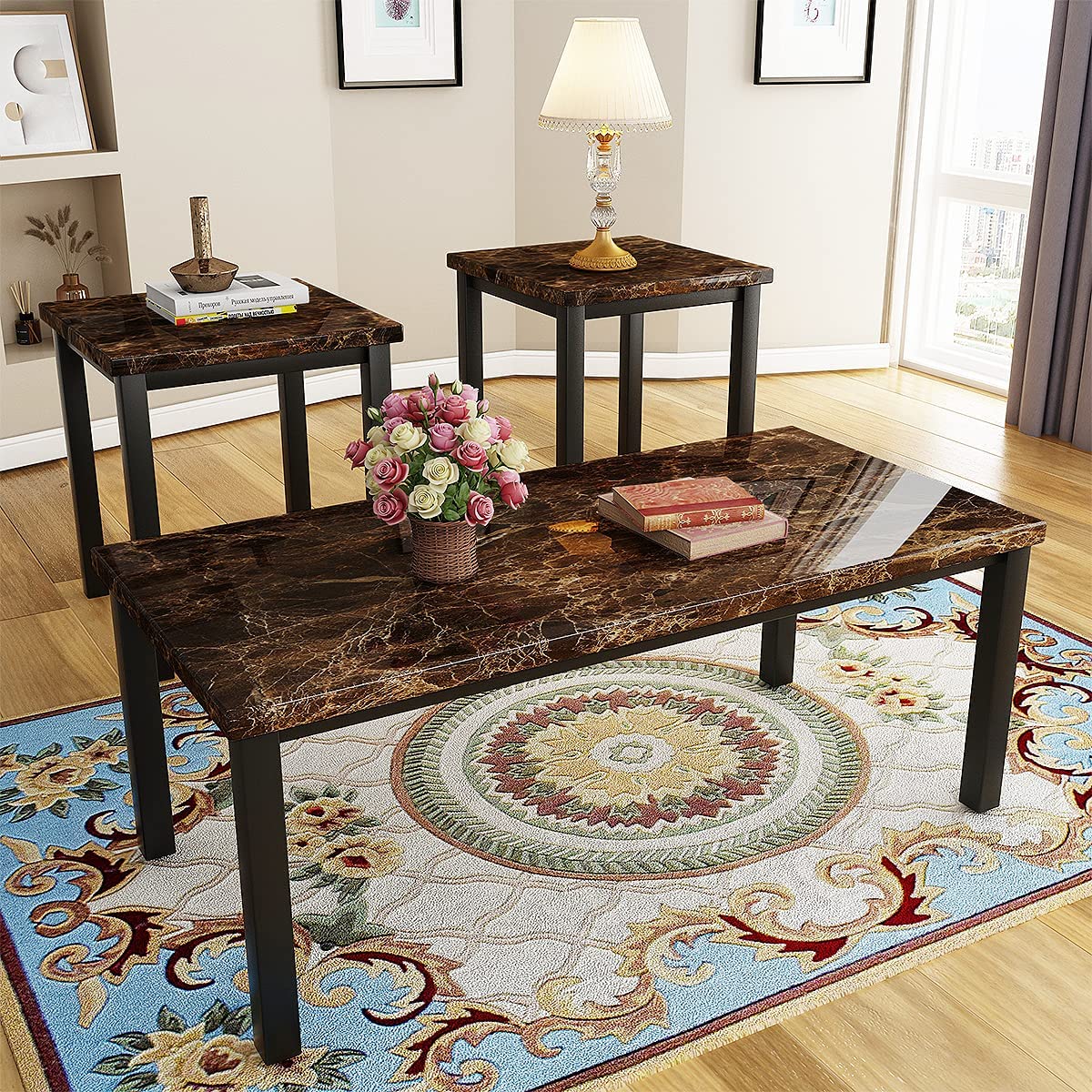 Furniture of America Alice Solid Wood 3-Piece Coffee Table Set in Dark ...