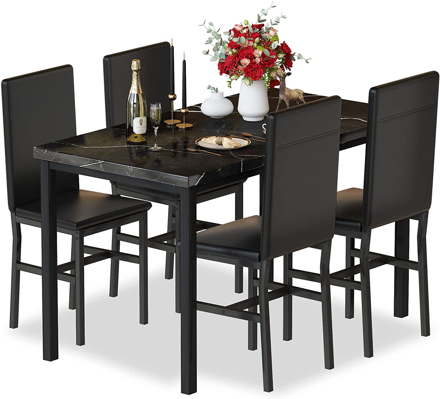 "Recaceik 5-Piece Marble Kitchen Room Dinette Set, 4 PU Leather Metal ...