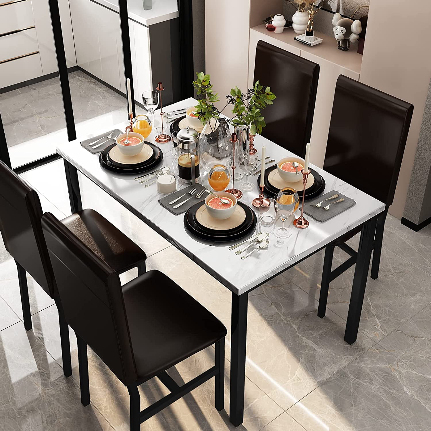 Recaceik 5-Piece Dining Set, Space-Saving Kitchen Table & 4 PU Leather ...