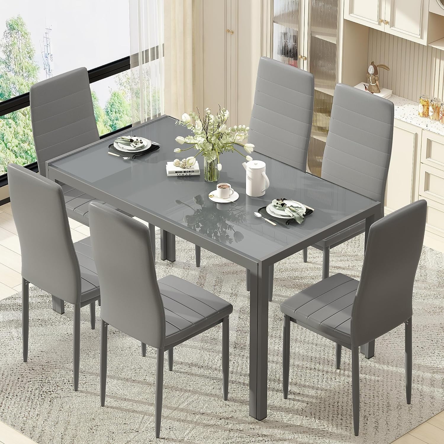Recaceik 7 Pcs Tempered Glass Dining Set, Indoor Use, 29.3” H Table and 6 PU Leather Chairs ...
