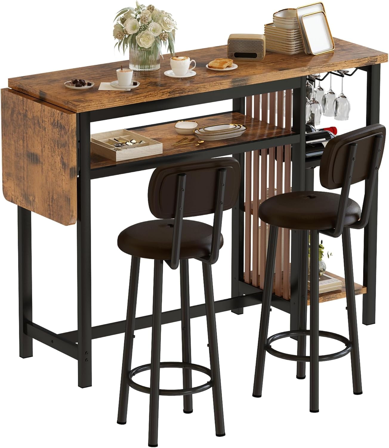 Recaceik Bar Dining Table Set, 59" Expandable Kitchen Counter Height ...