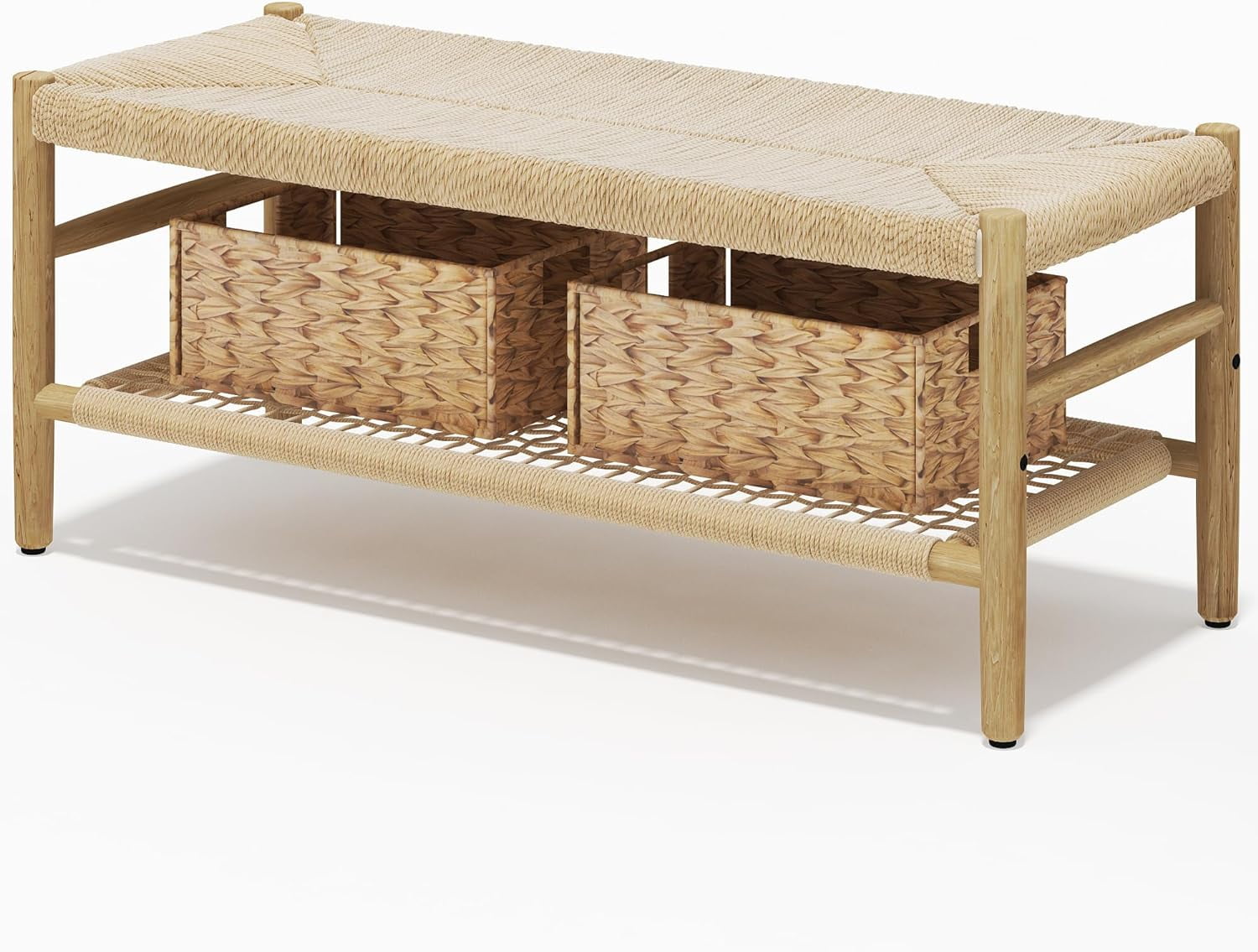 Recaceik Indoor Entryway Bench with Paper Cord Ottoman & Grid Storage ...