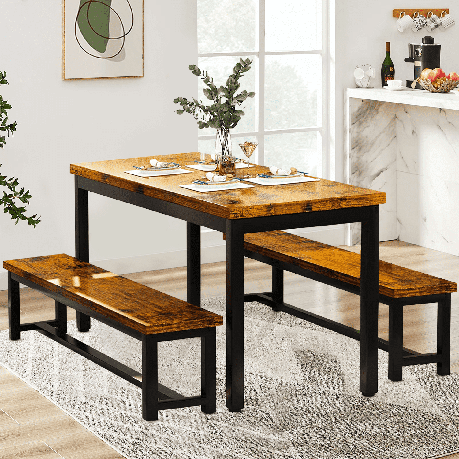 "Recaceik 3-Piece Dining Table Set with 2 Benches, 47"" Sturdy Metal Leg Supports for Kitchen ...