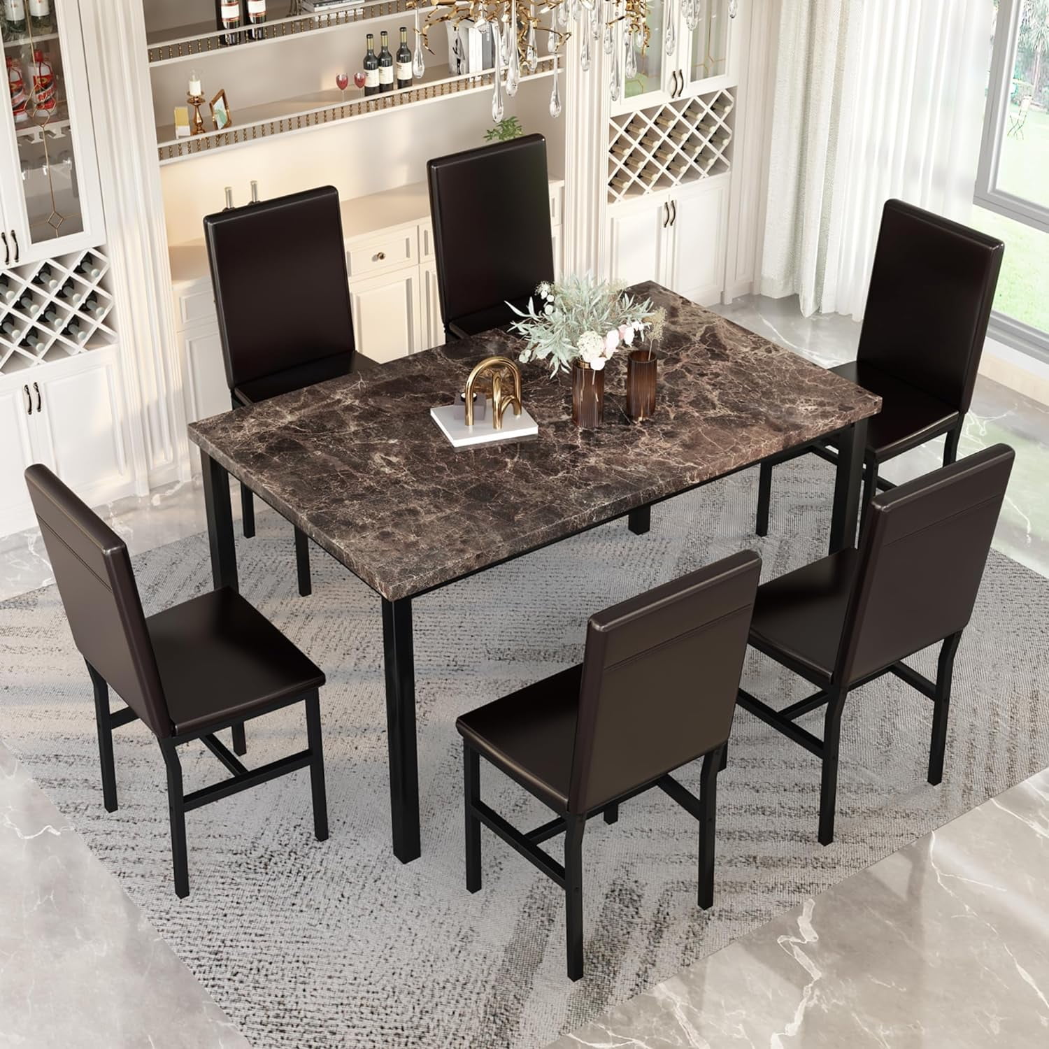 Recaceik Modern Faux Marble 6-Seater Dining Room Set with PU Leather ...