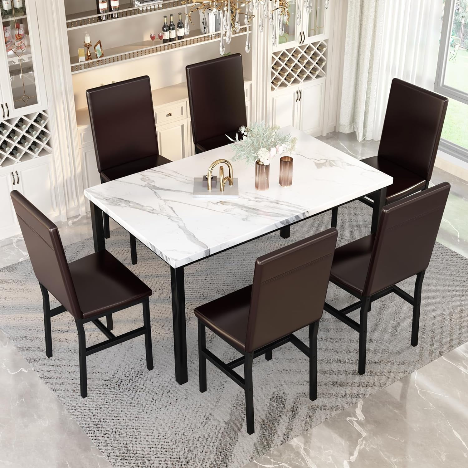 Recaceik Modern 7 Piece Dining Room Sets for 6, Faux Marble Dining Room Sets, PU Leather Chair ...