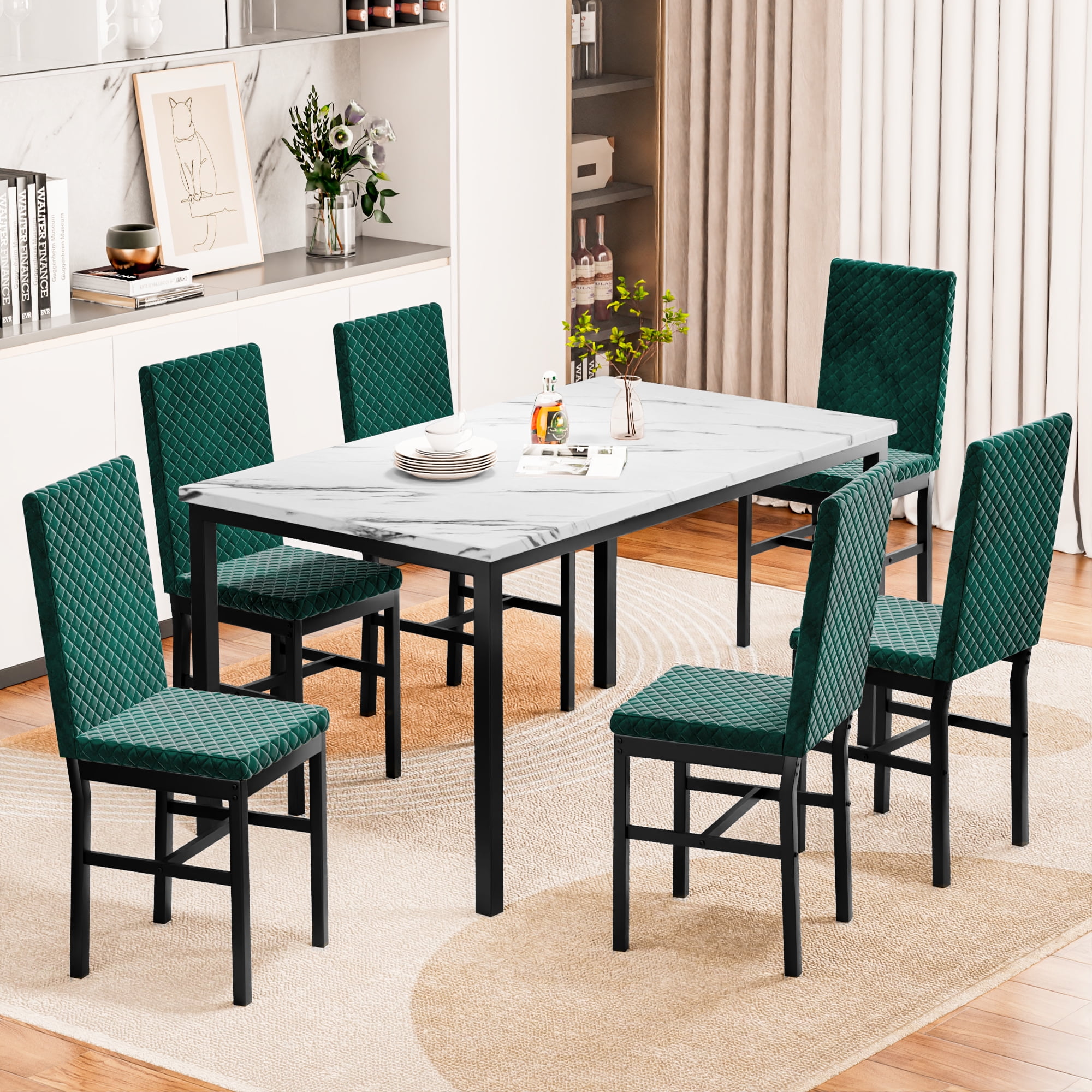 Recaceik Modern 7 Piece Dining Room Sets for 6, Faux Marble Dining Room ...