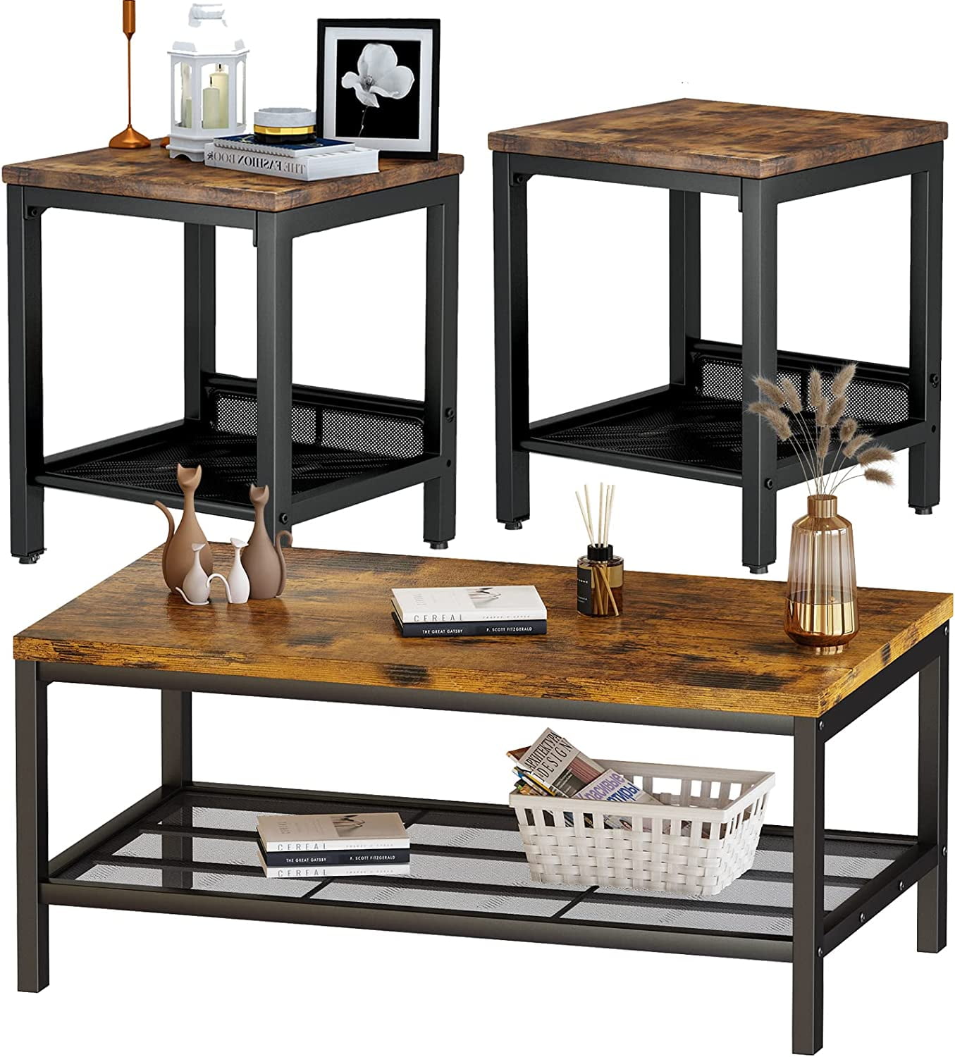 Recaceik 3-Piece Industrial Coffee Table Set with 2 Square End Tables ...