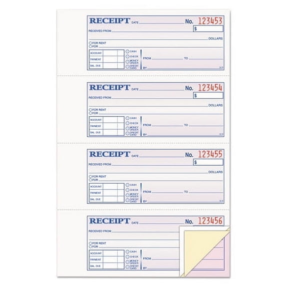 Receipt Book, Three-Part Carbonless, 7.19 x 2.75, 4 Forms/Sheet, 100 ...