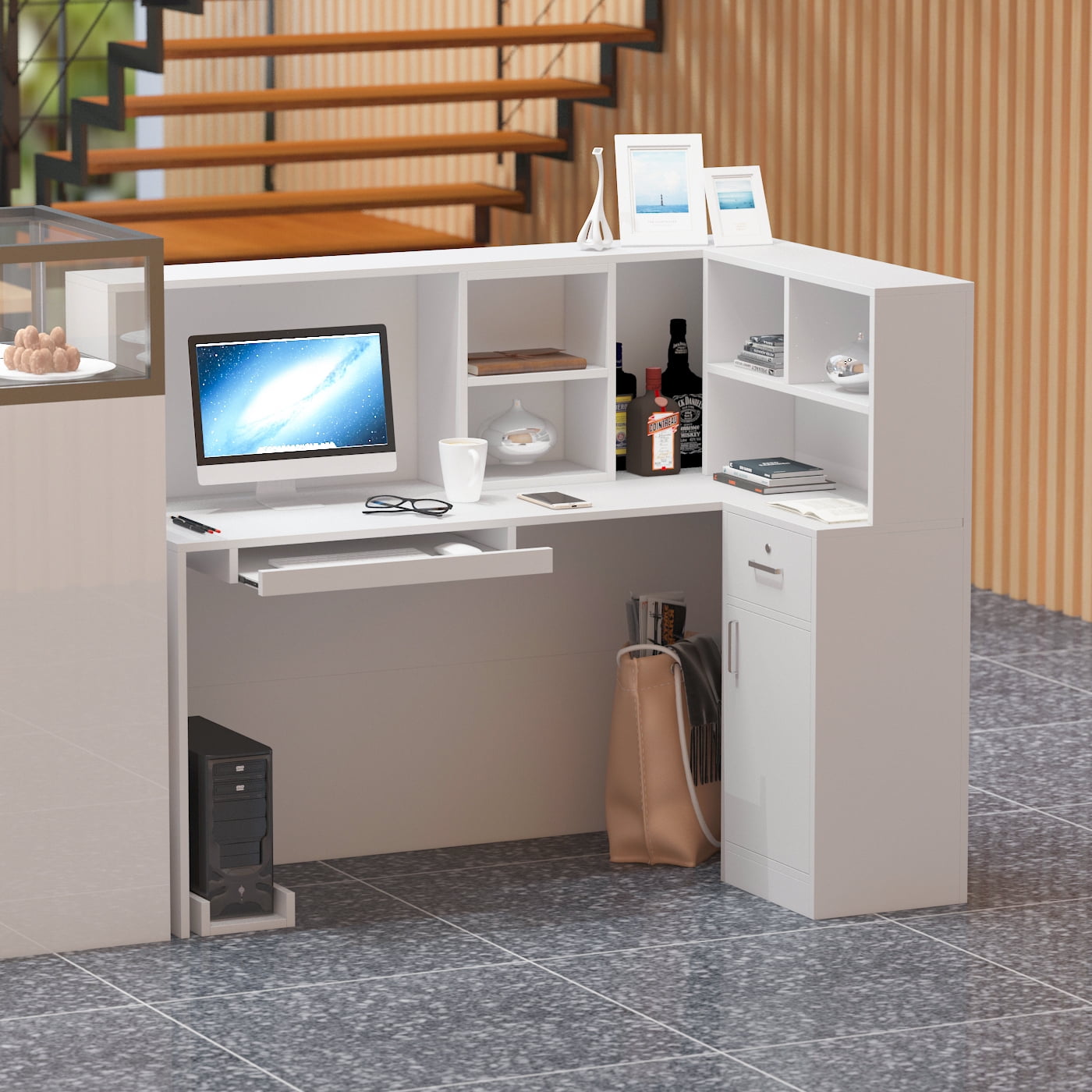 Hitow White Reception Desk with Drawers, Open Storage, Keyboard Tray ...