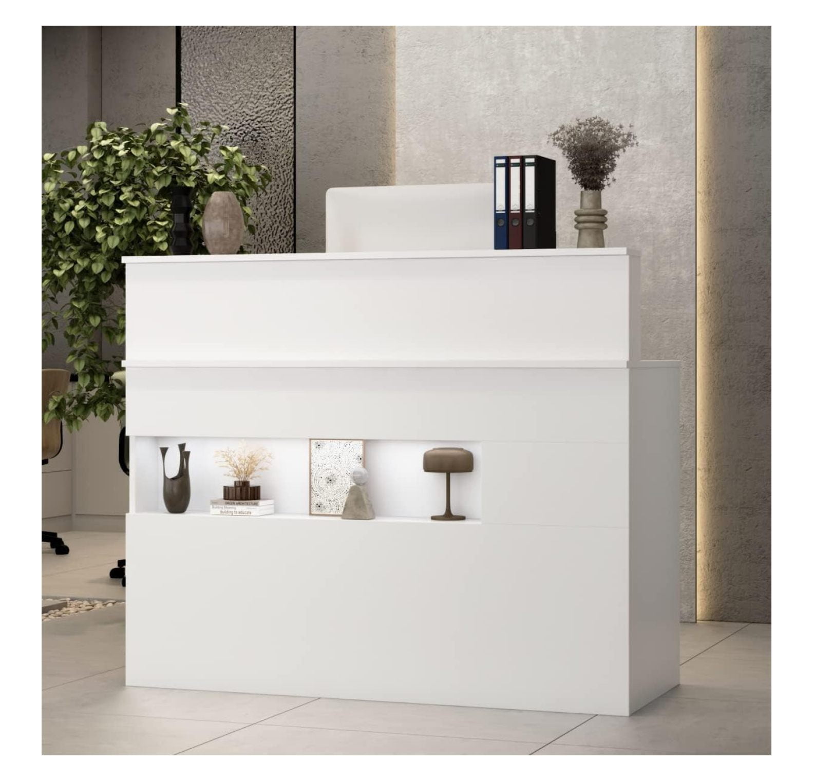 Reception Desk with Counter, Counter with Lighted Display Shelf ...