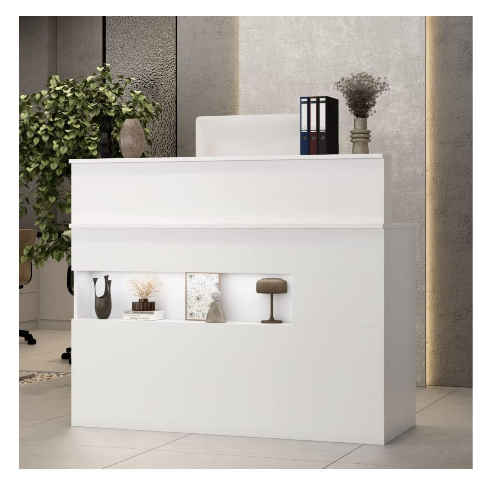 Reception Desk with Counter, Counter with Lighted Display Shelf ...