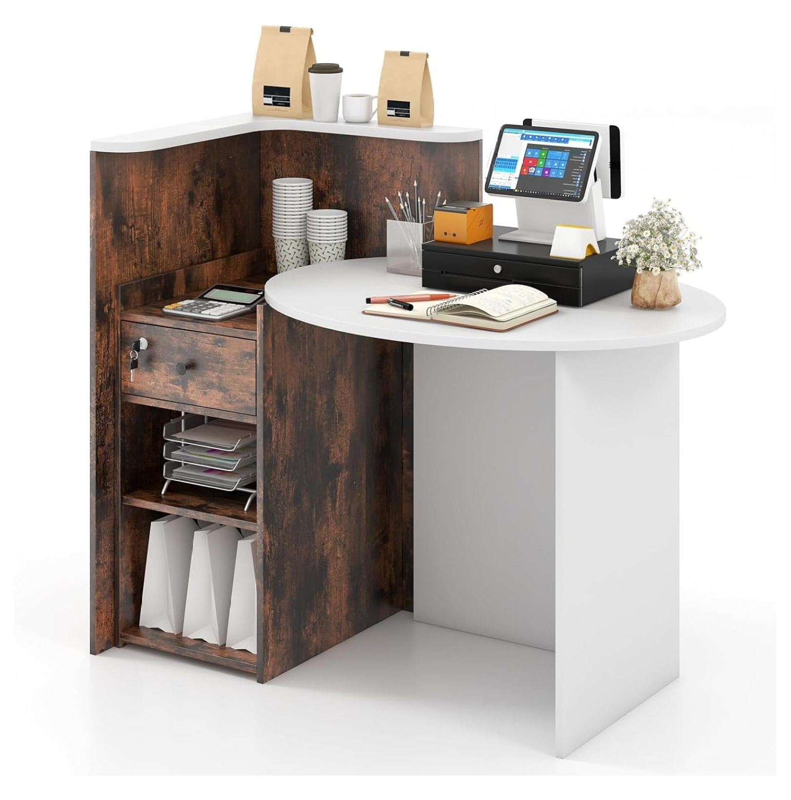 Reception Desk, ’’ Counter Desk w/Lockable Drawer & Storage Shelf, L ...