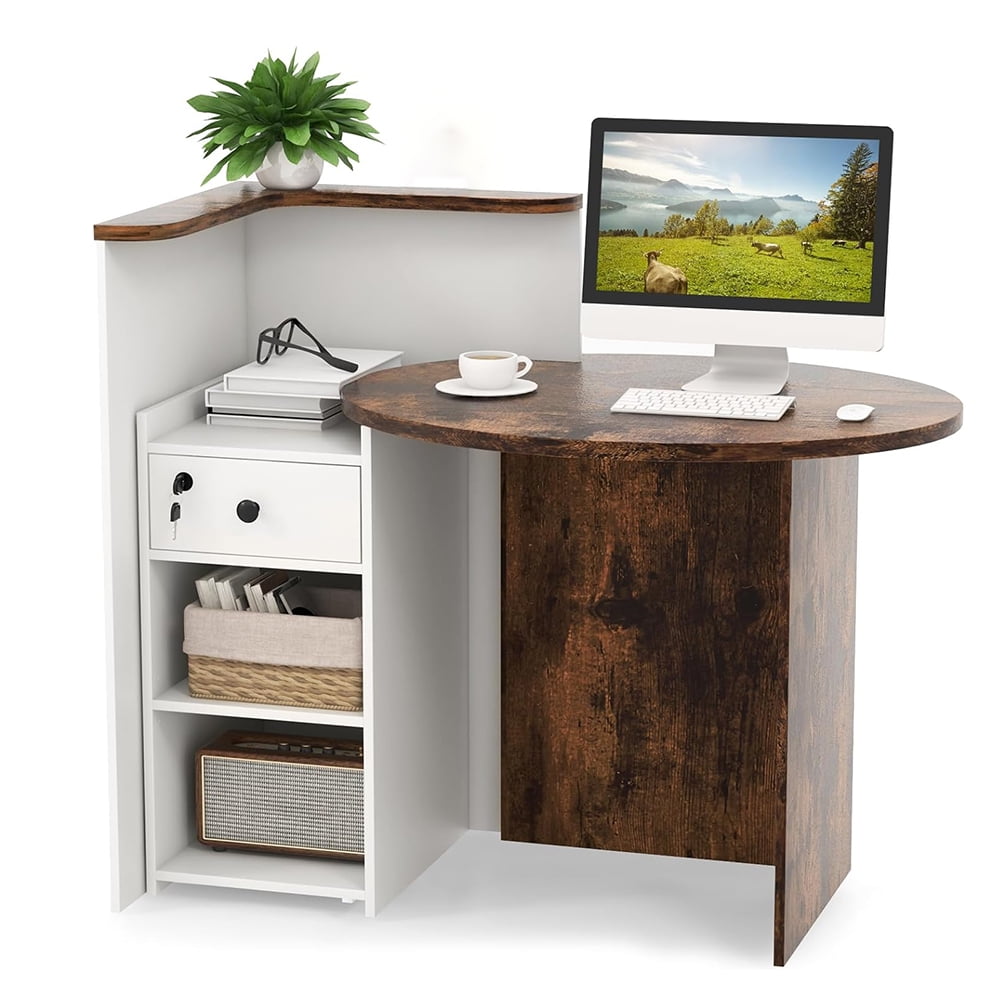 Reception Desk, Front Counter Desk with Lockable Drawer & Adjustable ...