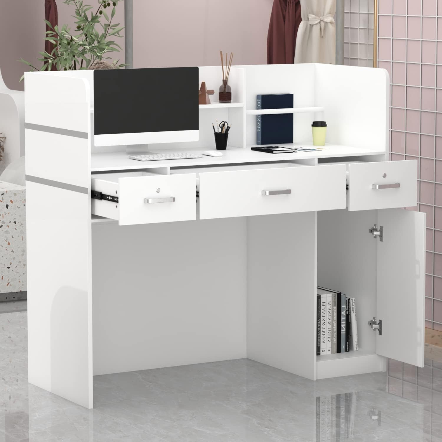 Reception Desk Reception Stations with Open Shelf & Drawers, Wooden ...