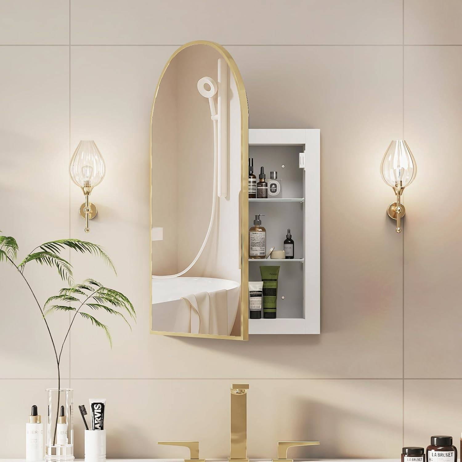 Recessed Arched Medicine Cabinet with Mirror, Brushed Gold Metal Frame ...