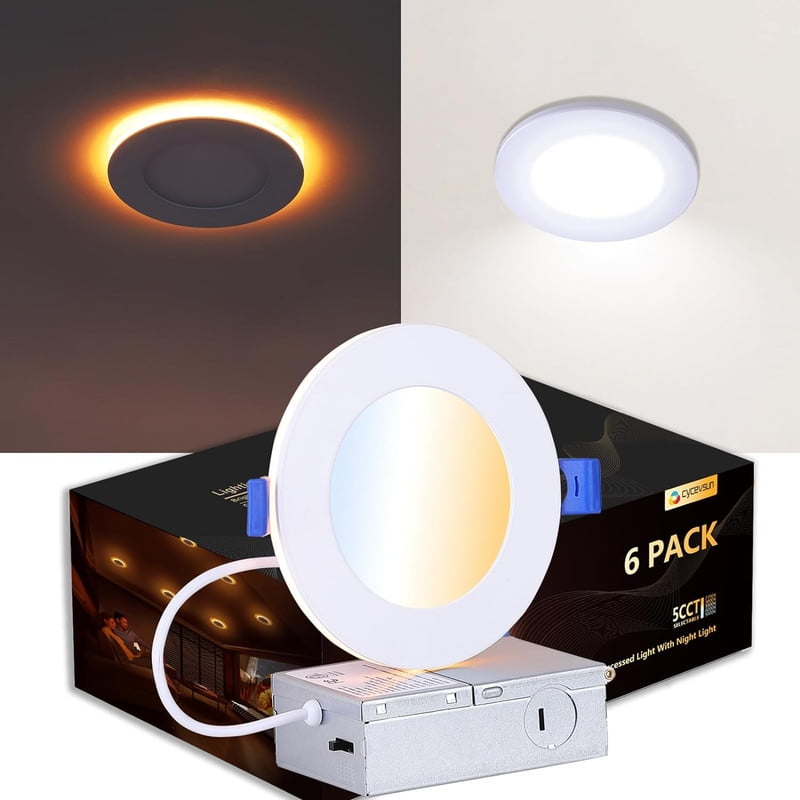 Recessed Lighting 4 Inch with Night Light, Dimmable 5CCT Canless Ultra ...